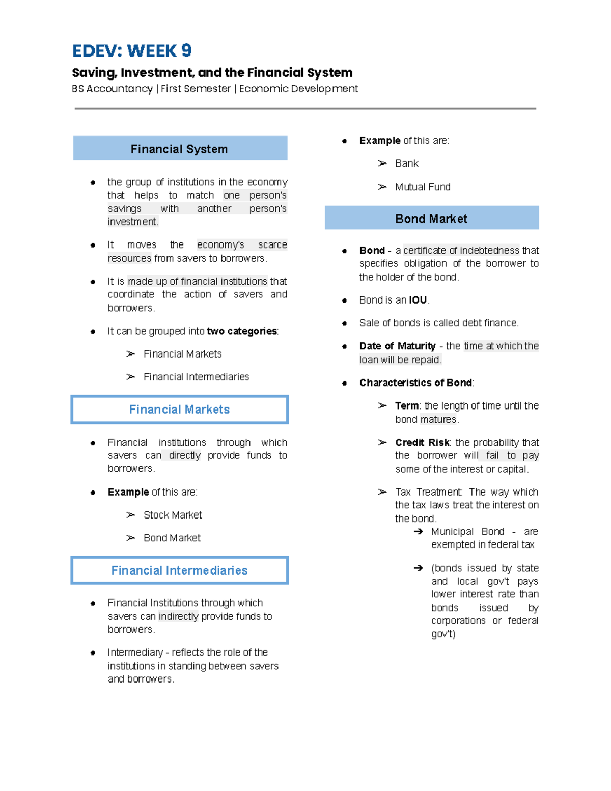 EDEV-WEEK 9 - Edev notes - Saving, Investment, and the Financial System ...
