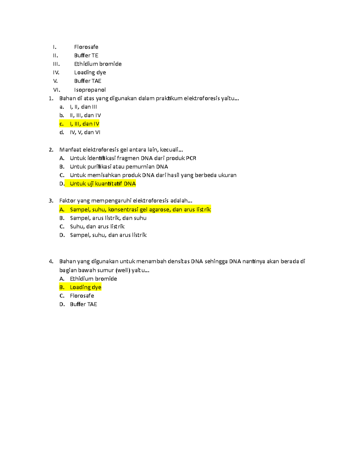 SOAL Elfor - mm,m,mnm,jhk - I. Florosafe II. Buffer TE III. Ethidium ...