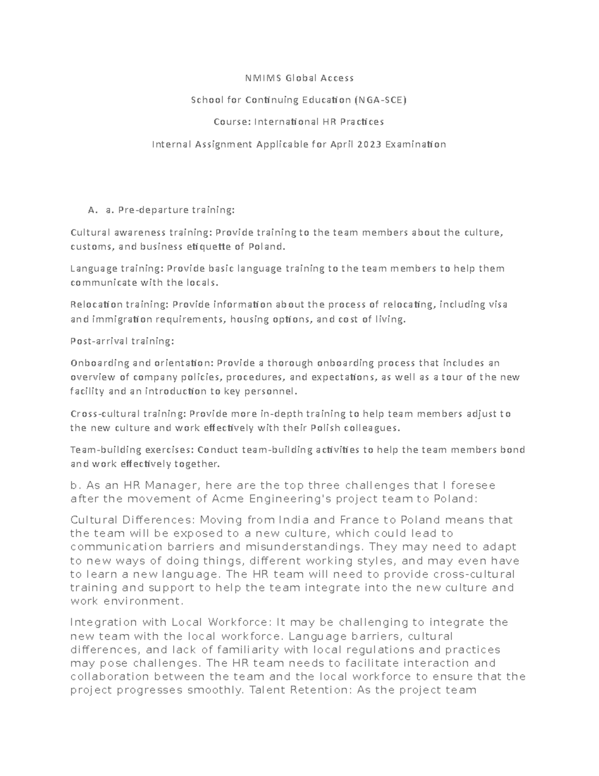 International HR Practices Answer - NMIMS Global Access School for ...