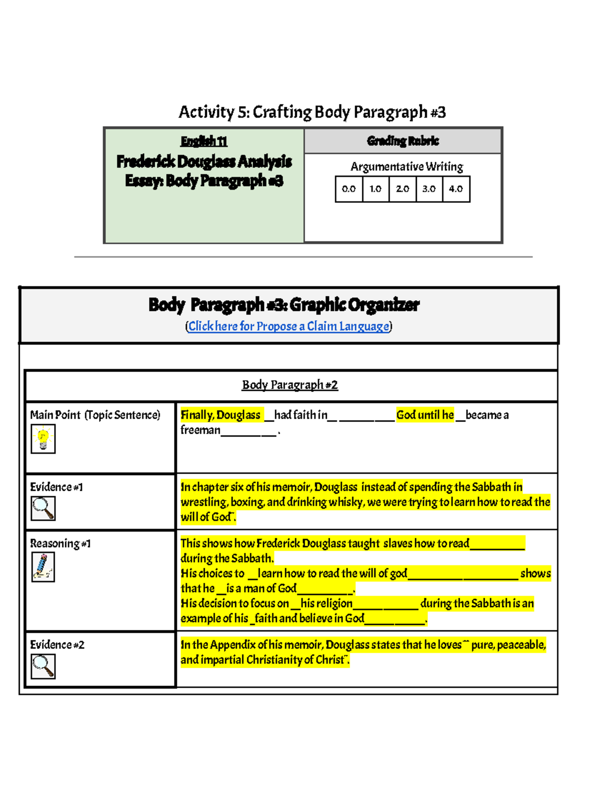 Amro Frederick Douglass Essay Body Paragraph #3 Graphic Organizer (Int ...