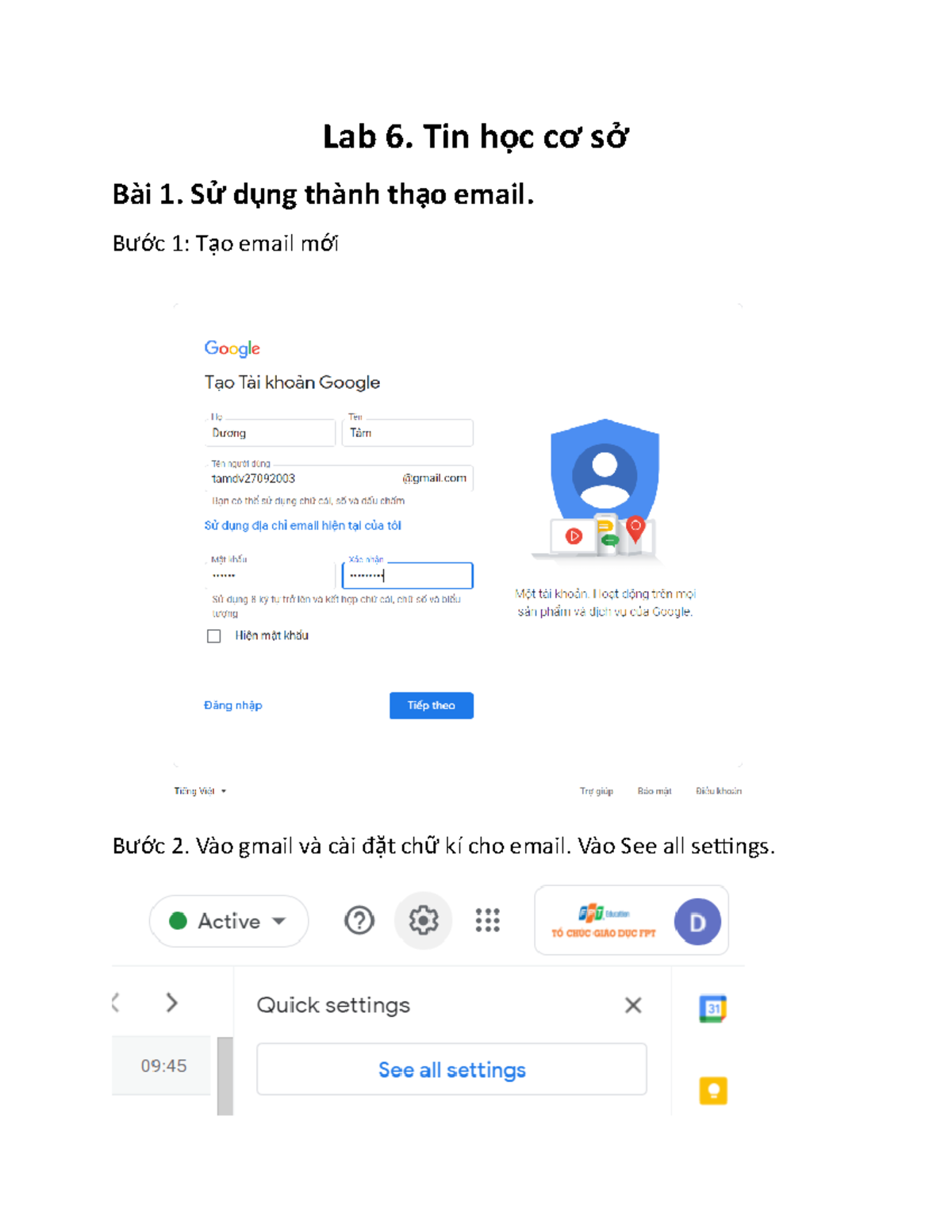 Lab6 - 11111111111111111 - Lab 6. Tin h c cọ ơ sở Bài 1. S ử d ng thành th o emailụ ạ. B ước 1 ...