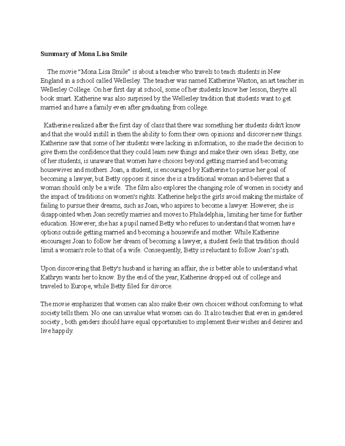 Summary of Mona Lisa Smile - The teacher was named Katherine Waston, an ...