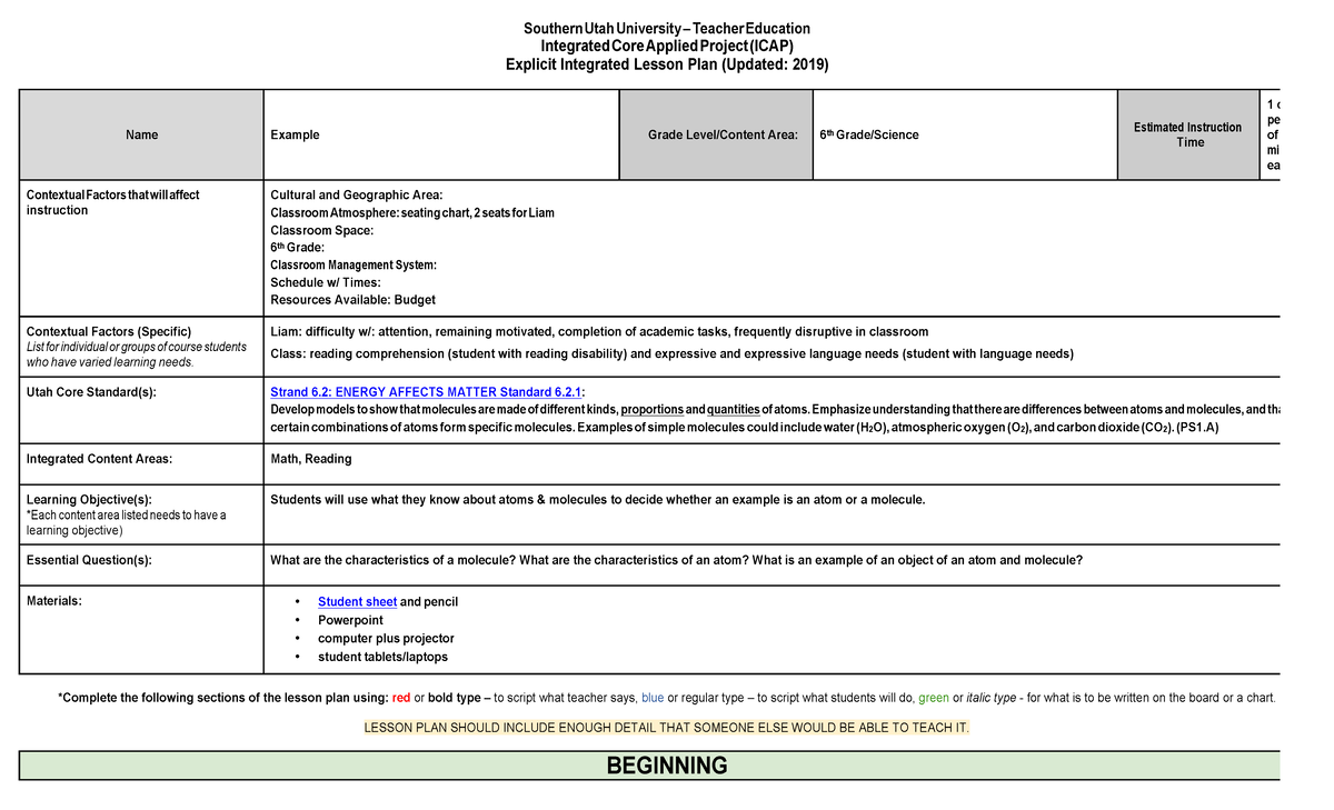 Lesson Plan Example for Liam - BEGINNING Southern Utah University ...