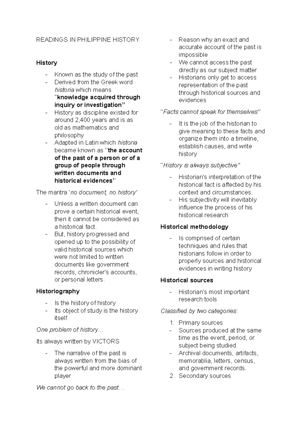 RPH - Reviewer - READINGS IN PHILIPPINE HISTORY History - Known as the ...
