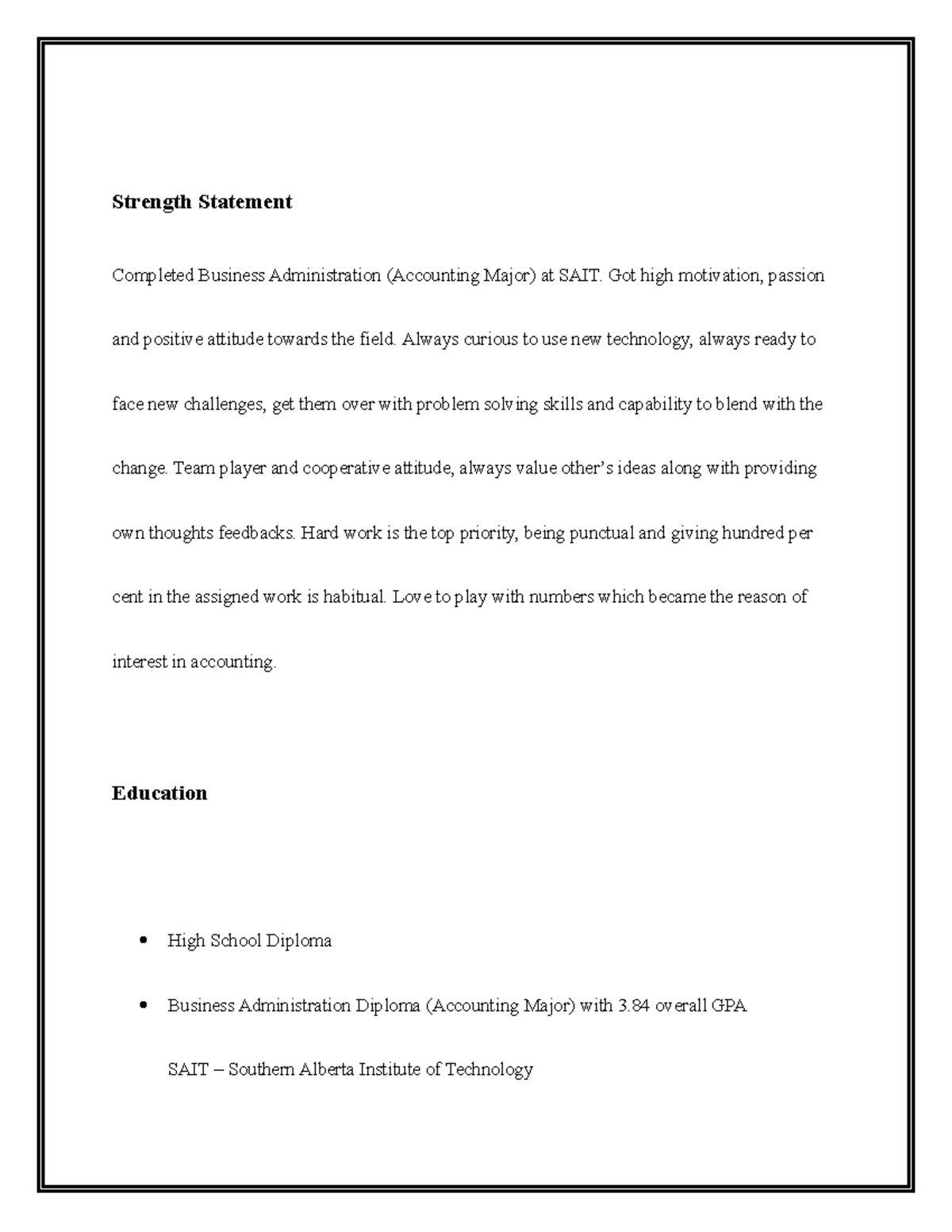 Resume ACCT - notes - Strength Statement Completed Business ...