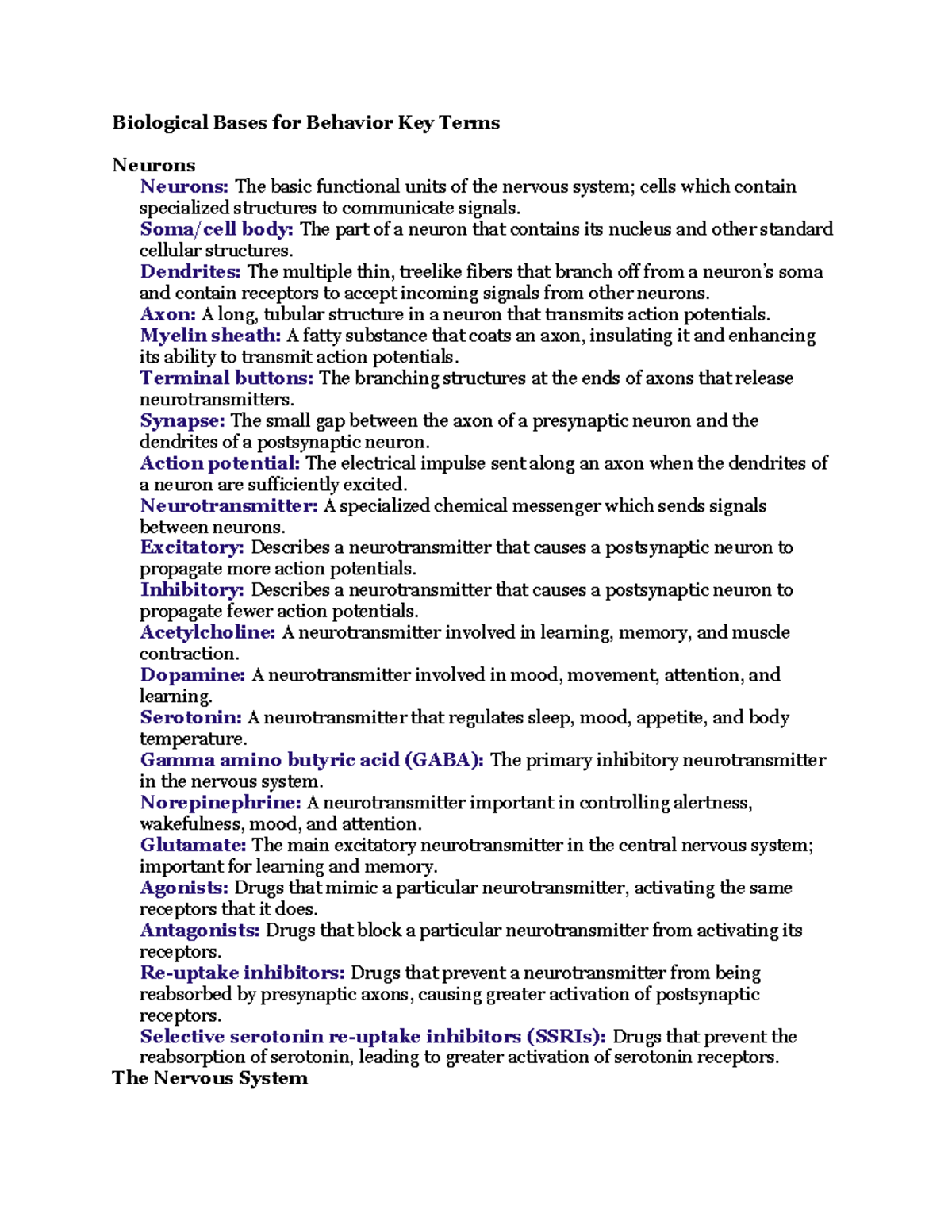 Biological Bases for Behavior Key Terms - Biological Bases for Behavior ...