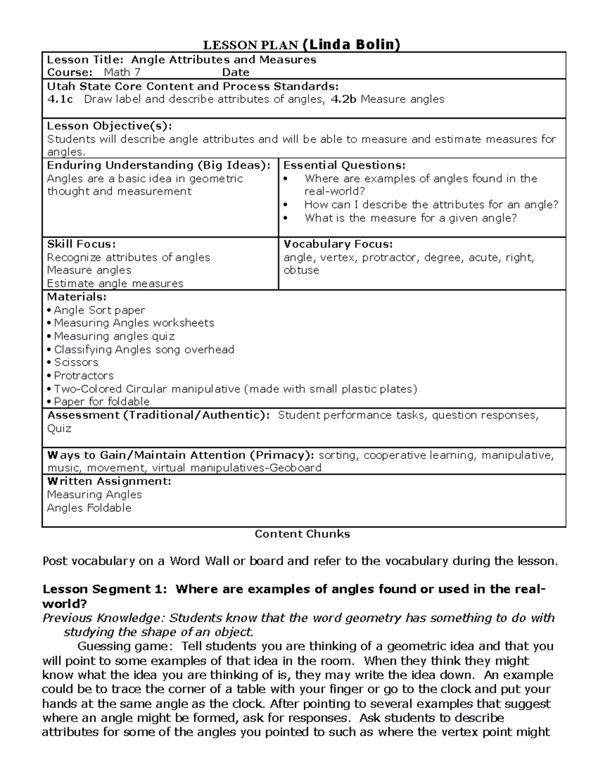 UEN Lesson 2 Angle Attributes and Measures - LESSON PLAN (Linda Bolin ...