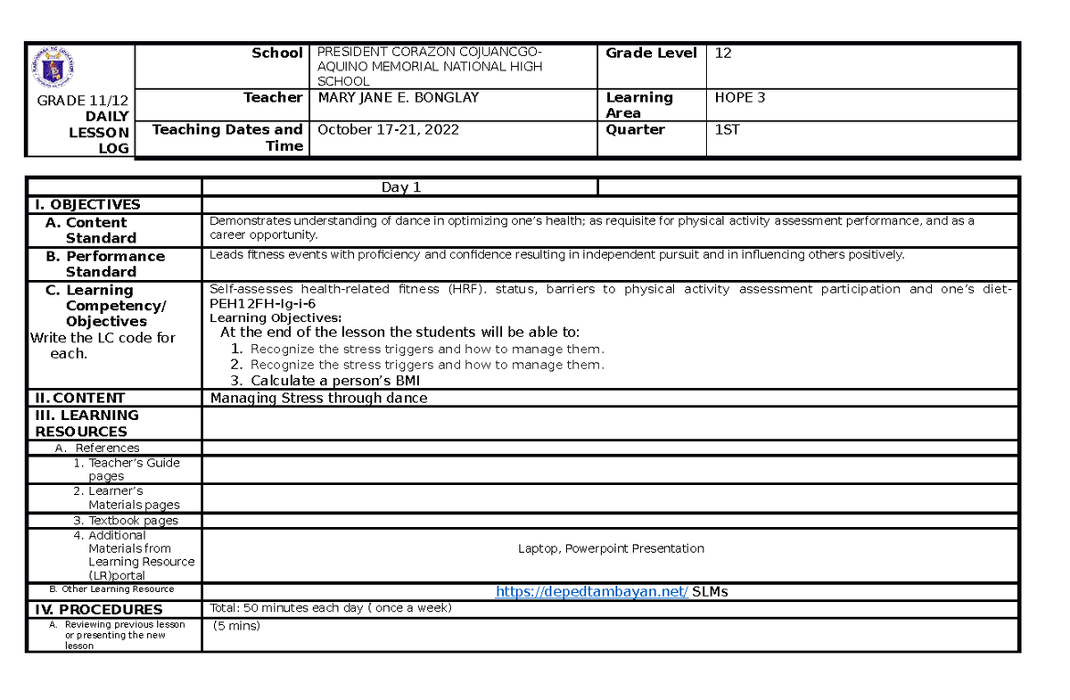 HOPE 3 WEEK 1 - DLL - GRADE 11/ DAILY LESSON LOG School PRESIDENT ...