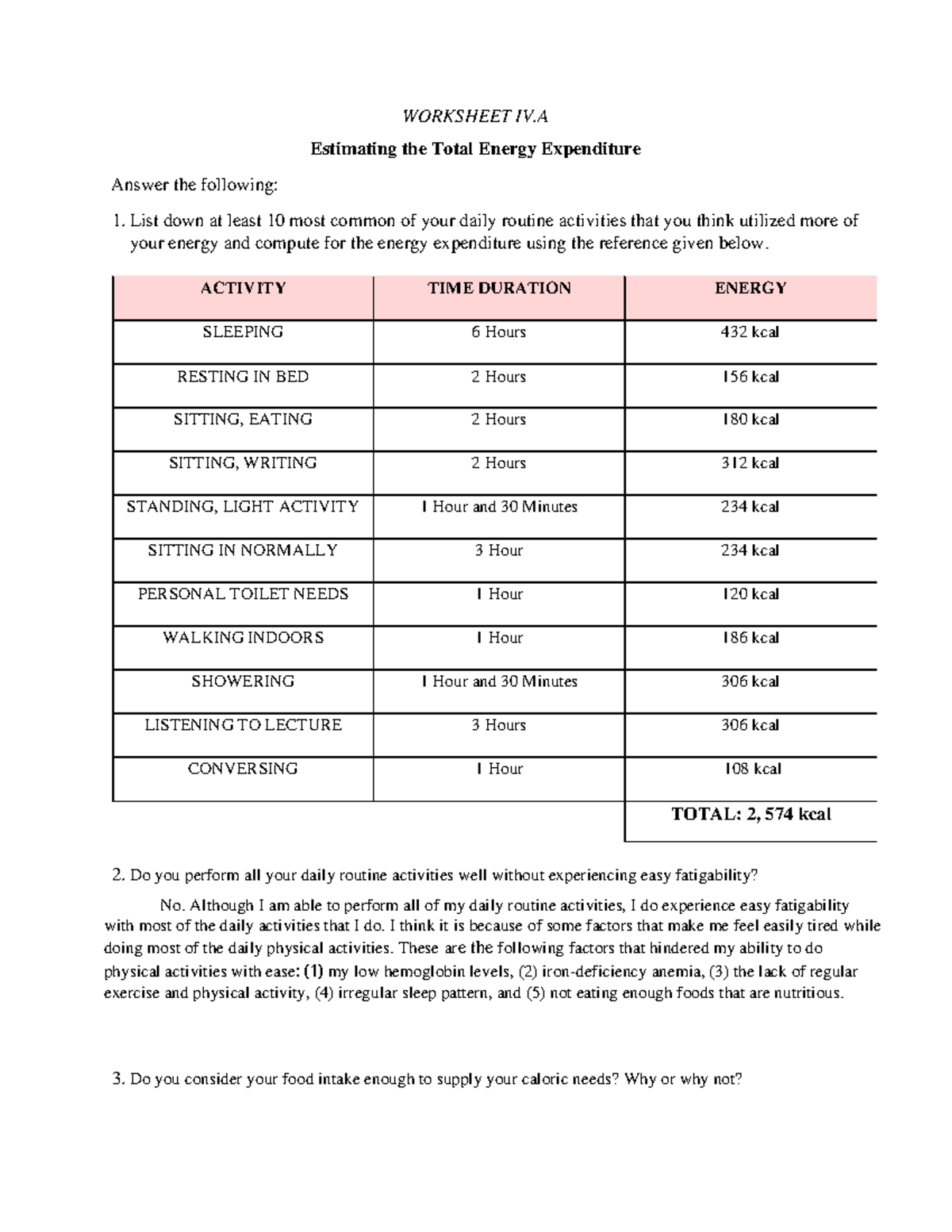 Estimating Total Energy Expenditure - WORKSHEET IV Estimating the Total ...