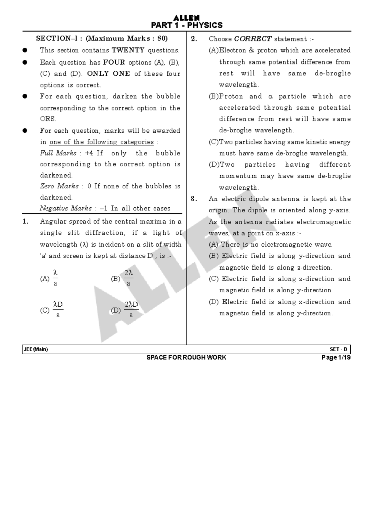 IIT JEE SET B - SPACE FOR ROUGH WORK Page 1/ JEE(Main) SET - B SECTION ...