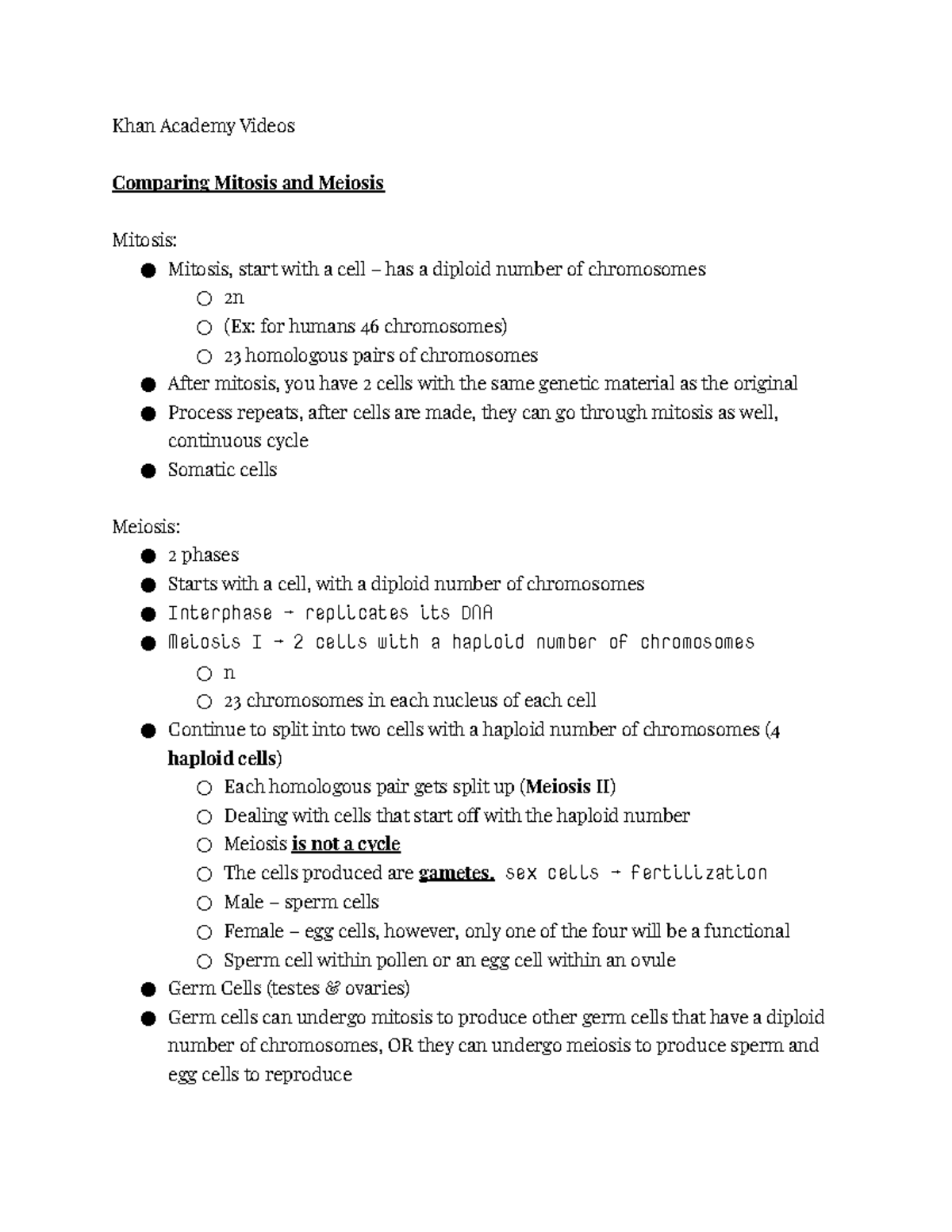 Biology I (BIOL-1403) Exam 3 - Khan Academy Videos Comparing Mitosis ...