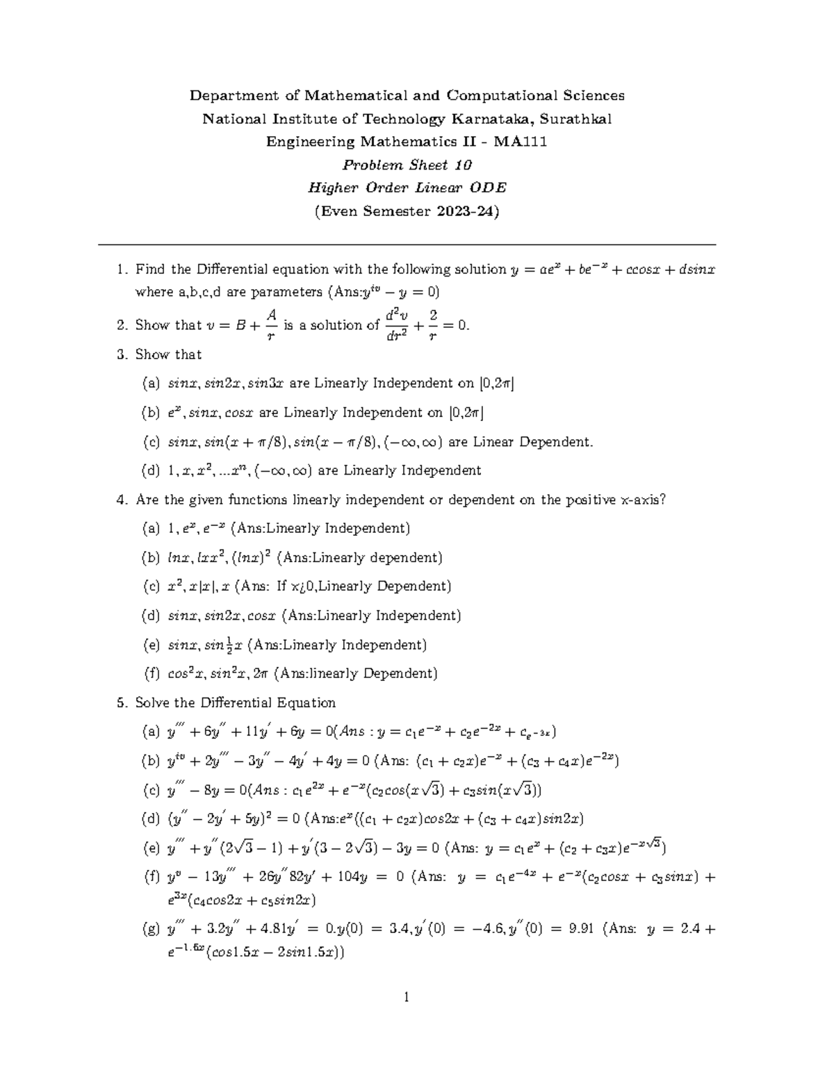 Problem Sheet 10 - Maths Higher order Differential equations ...