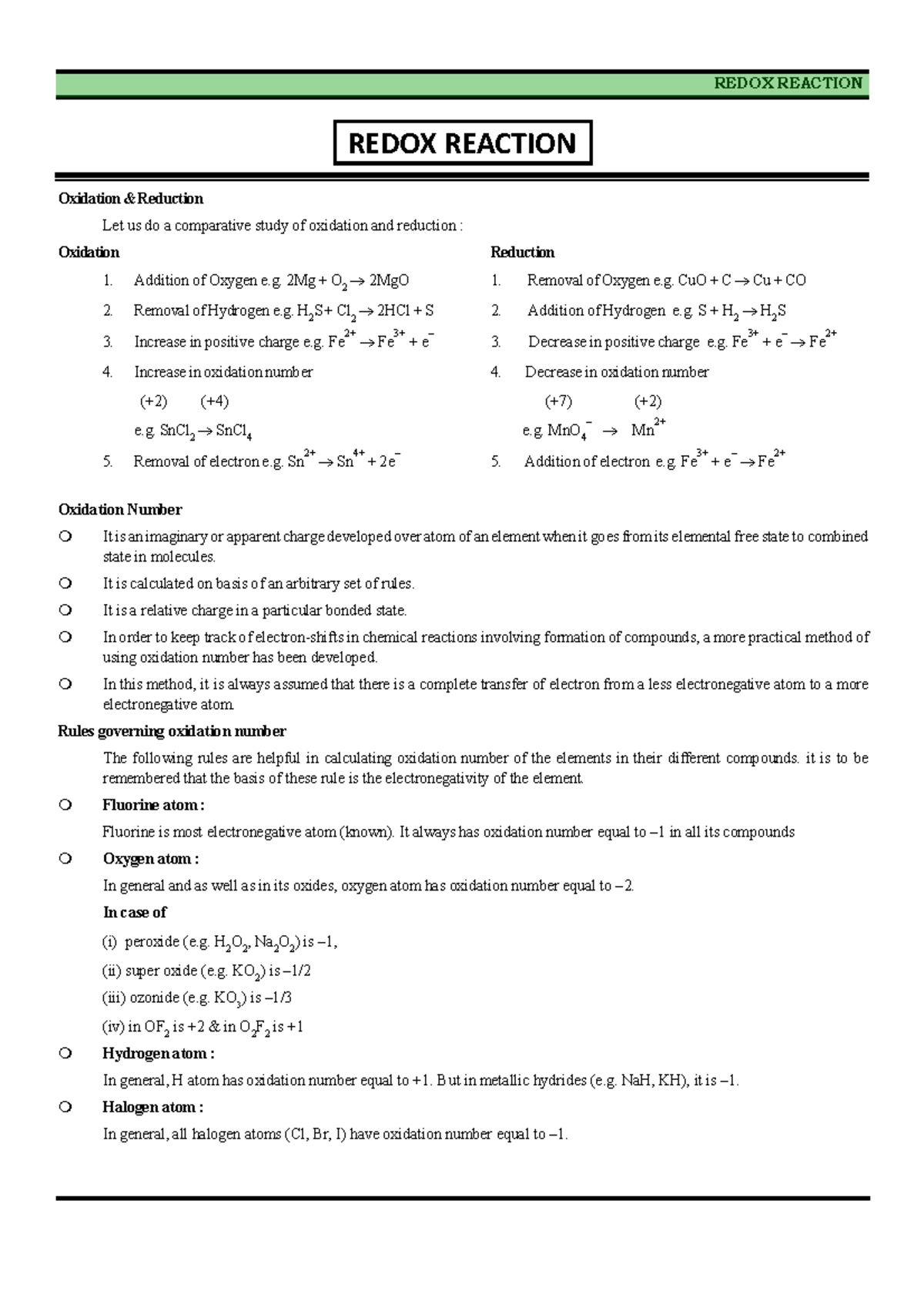 Chapter 8 - Redox Reactions Revision Notes - Oxidation & Reduction Let ...