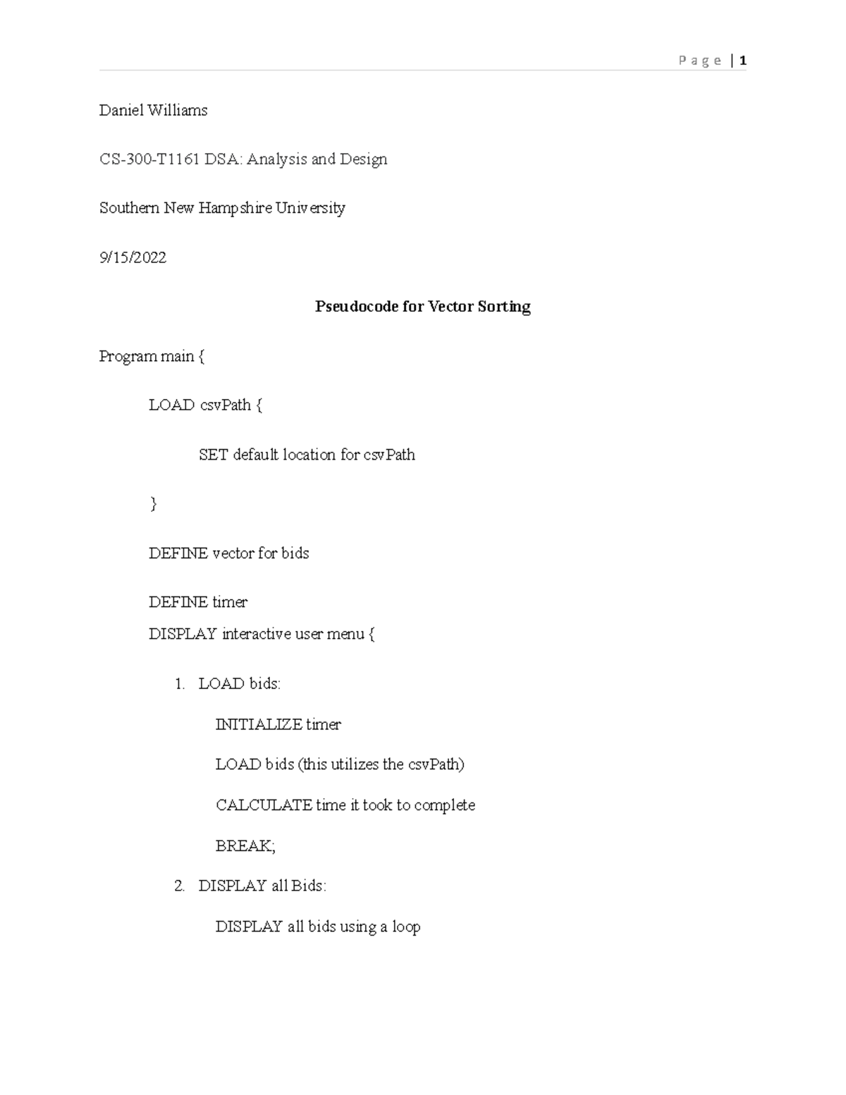 2 3 pseudocode - P a g e | 1 Daniel Williams CS-300-T1161 DSA: Analysis ...