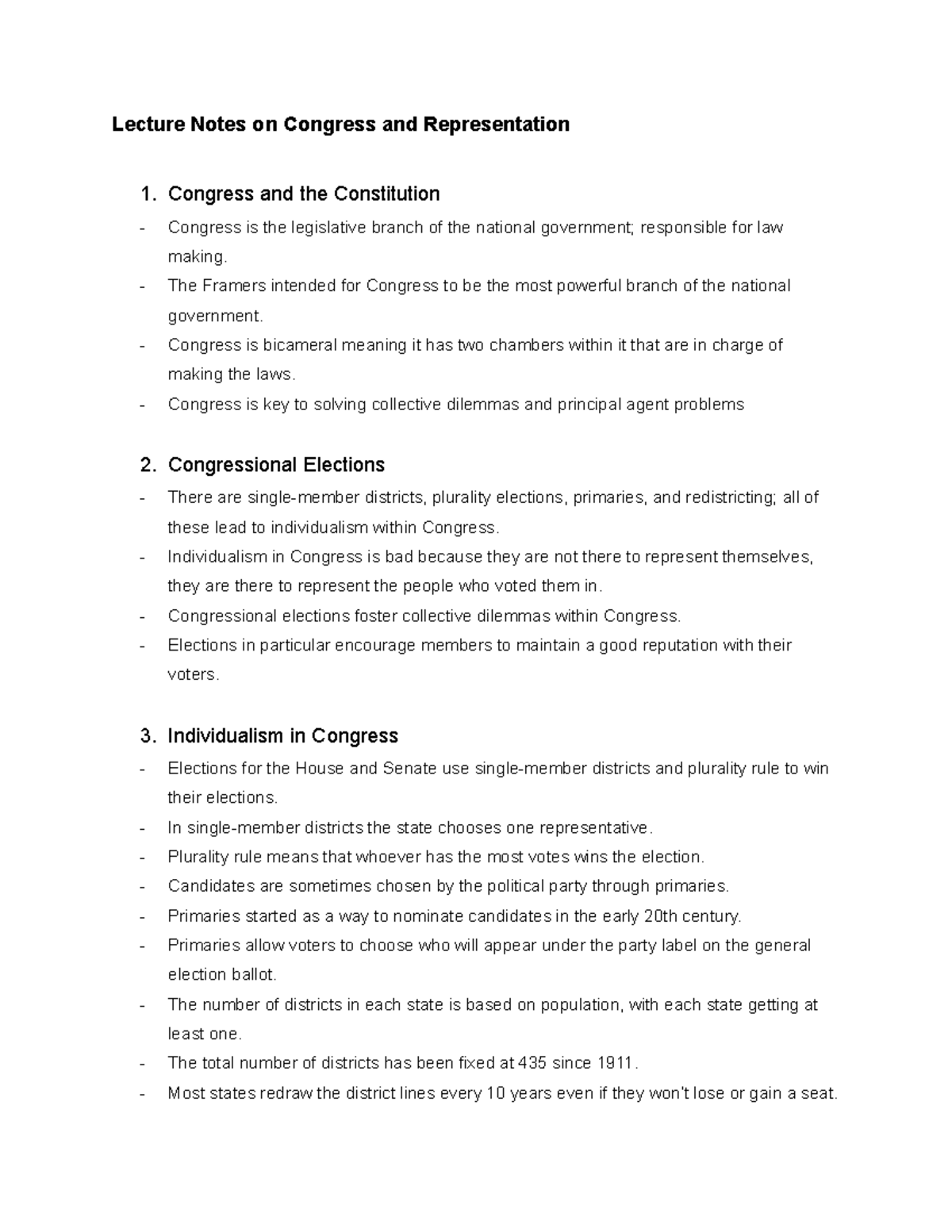 POL 201 Lecture Congress - Lecture Notes on Congress and Representation ...
