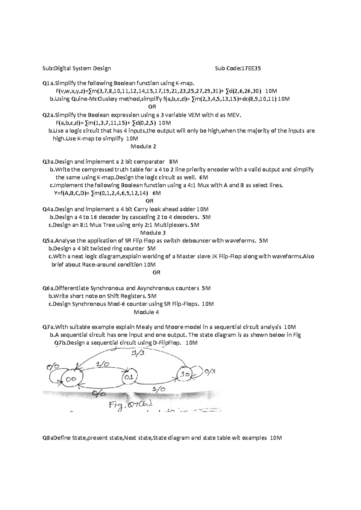 Digital Question 2 Information Is Given Subdigital System Design Sub Code17ee Q1a The