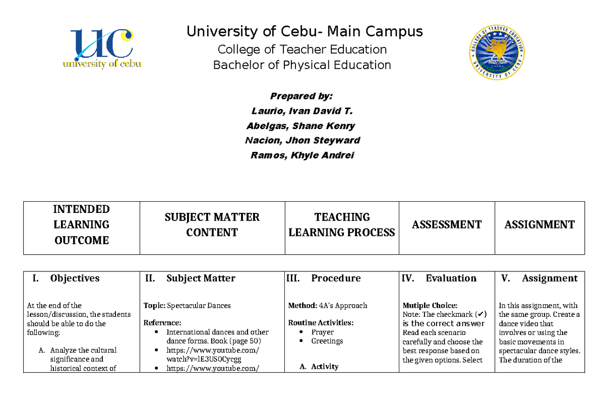 Lesson plan Spectacular Dances - University of Cebu- Main Campus ...
