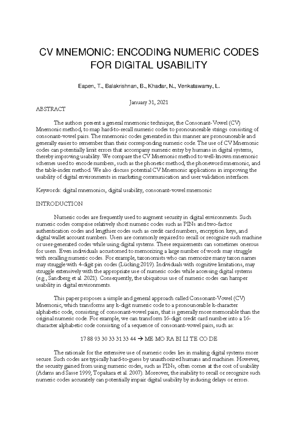CV Mnemonic - Encoding Numeric Codes for Digital Usability - CV ...