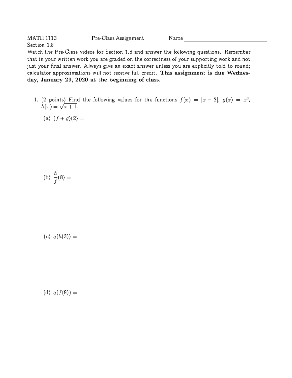 1.8 Preclass - Homework - MATH 1113 Pre-Class Assignment Name Section 1 ...