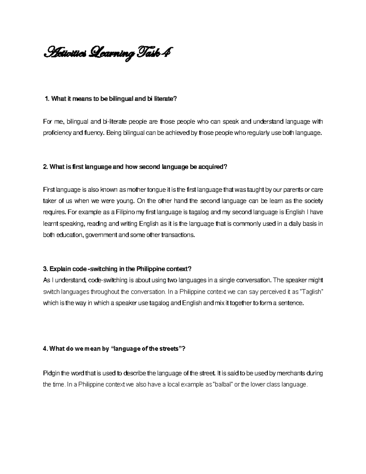 Activities Learning Task 4 Assessment 3 - Activities Learning Task 4 ...