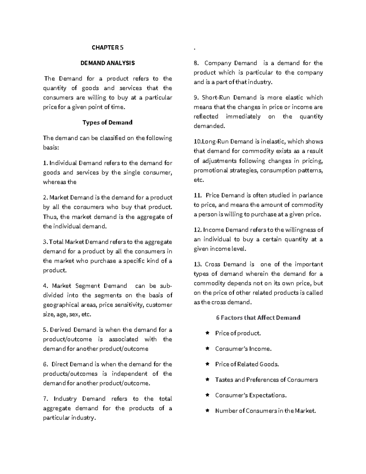 Man Econ Reviewer - ManEcon - CHAPTER 5 DEMAND ANALYSIS The Demand for a product refers to the ...