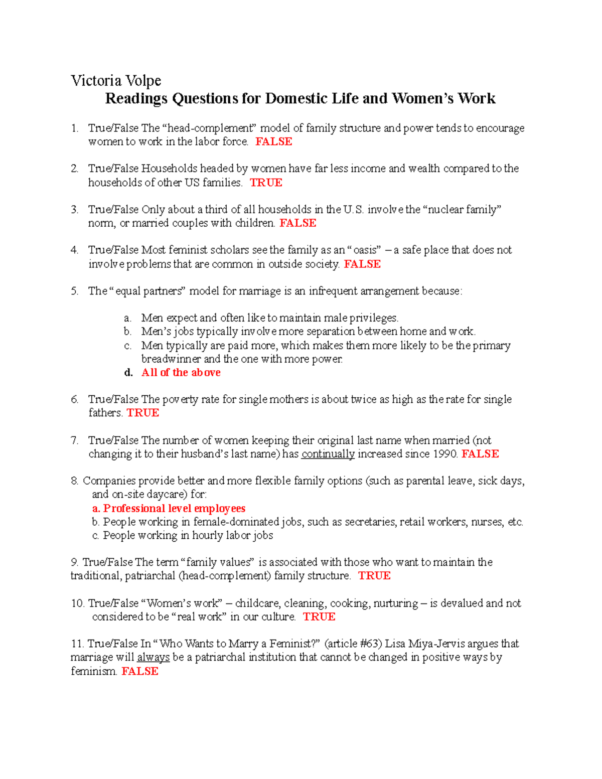Week 9 Questions - Victoria Volpe Readings Questions for Domestic Life ...
