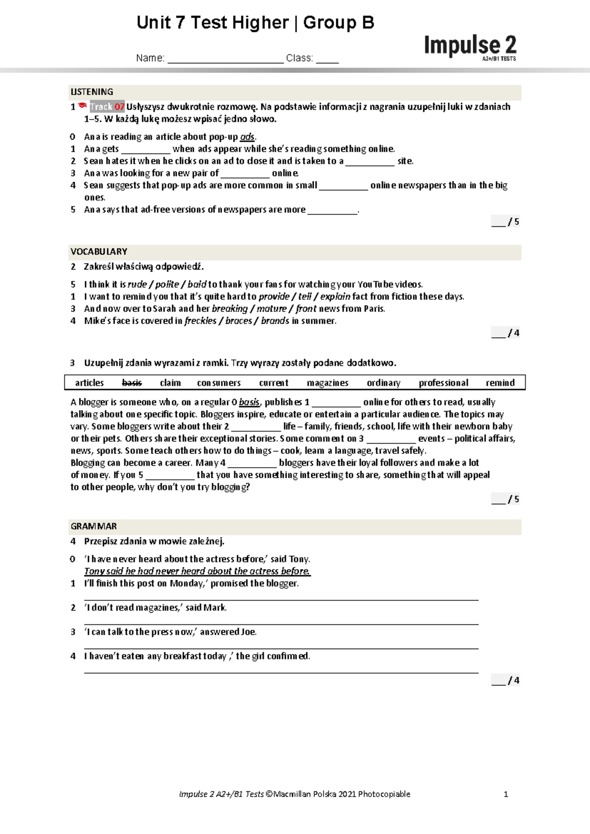 Unit 7 Test Higher B - Na podstawie informacji z nagrania uzupełnij ...