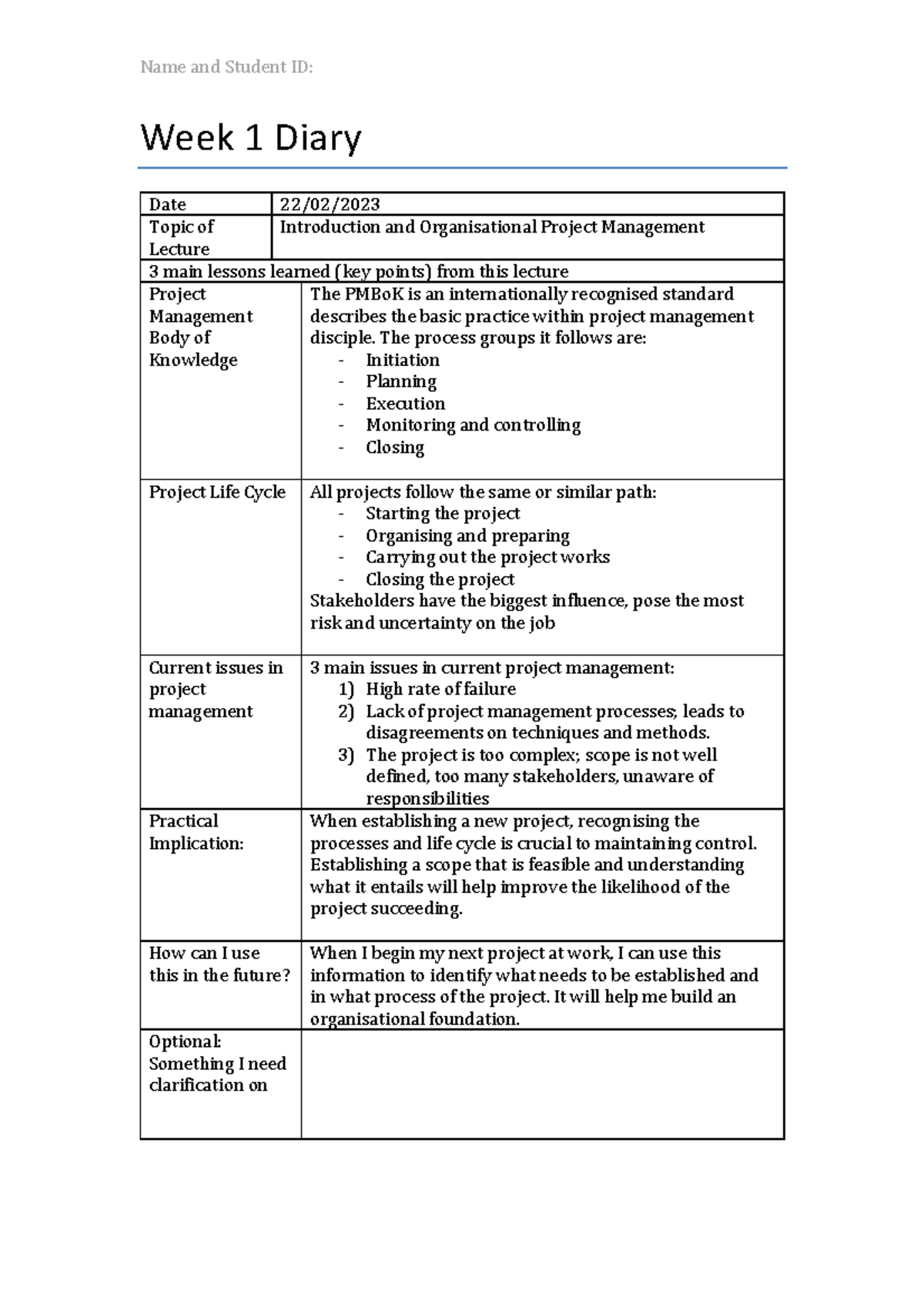 Week 1 Diary - Name and Student ID: Week 1 Diary Date 22/02/ Topic of ...