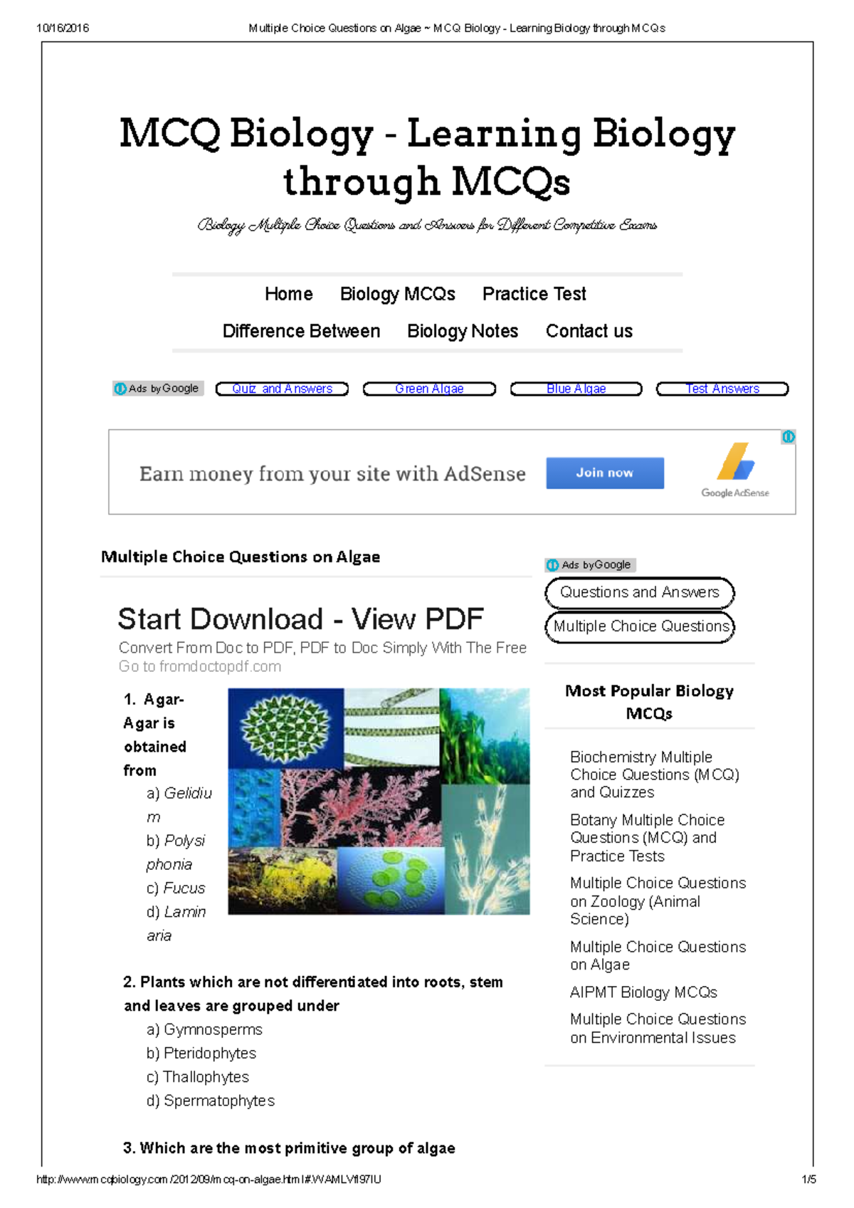Biology Multiple Choice Questions and An - Agar Agar is obtained from a ...