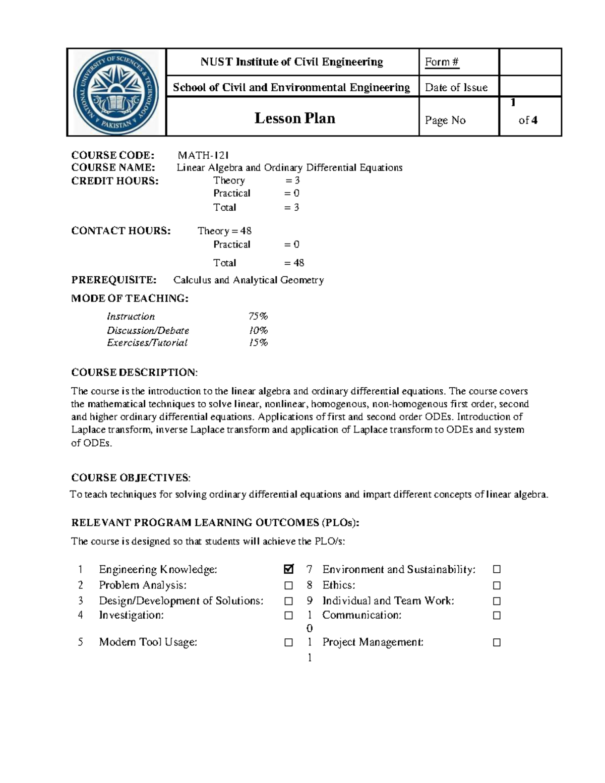 MATH-121 outline - ssasa - School of Civil and Environmental ...
