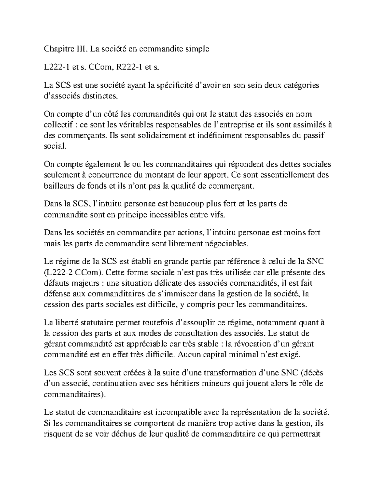 Chapitre III. La société en commandite simple - Chapitre III. La ...