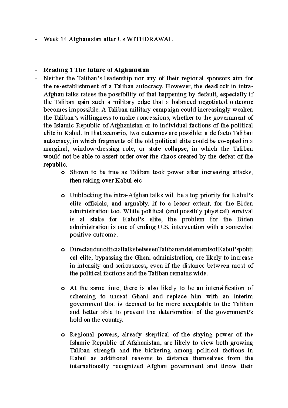 Polsci notes - Week 14 Afghanistan after Us WITHDRAWAL Reading 1 The ...