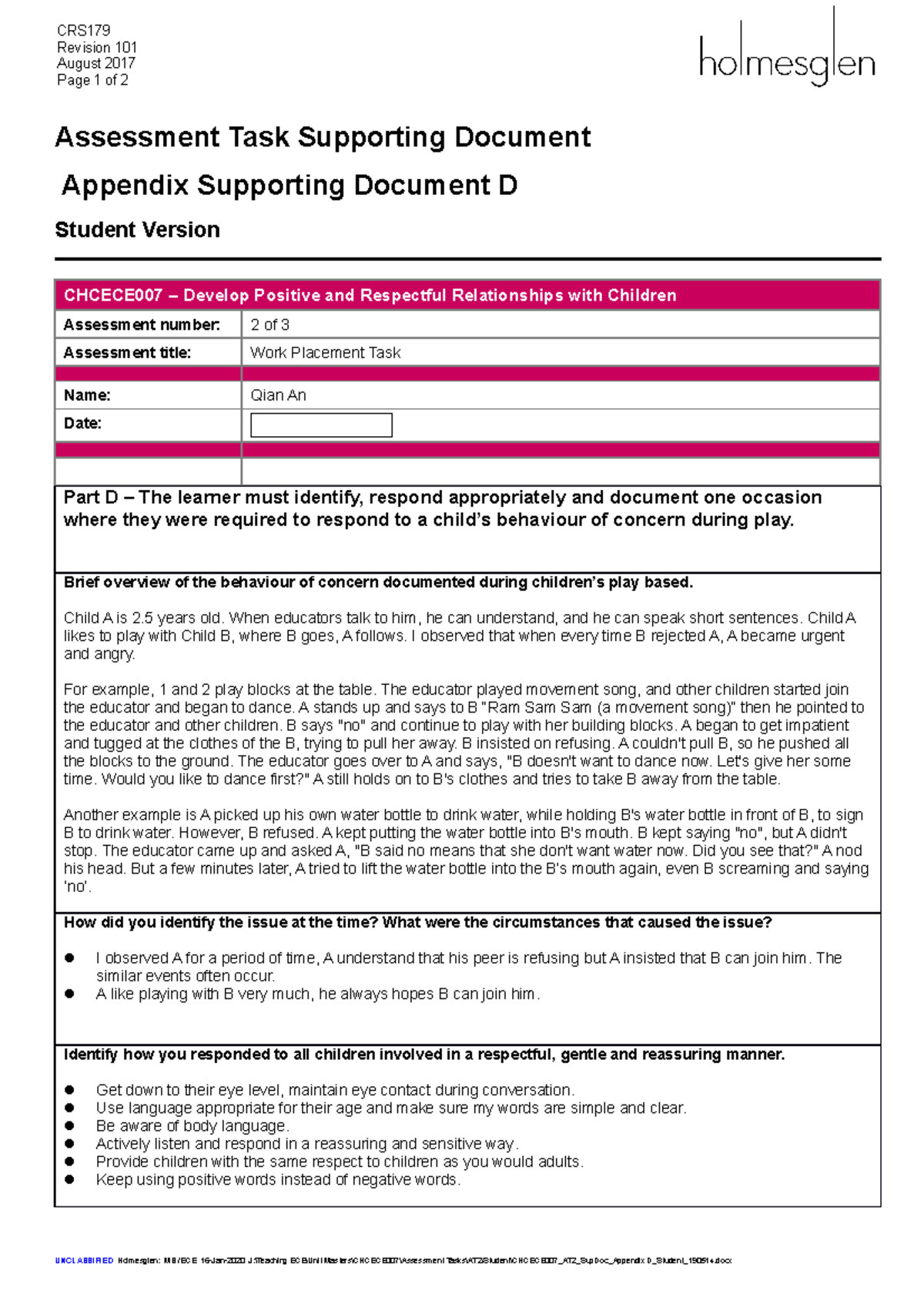 Chcece 007 AT2 D - work placement task - Assessment Task Supporting ...