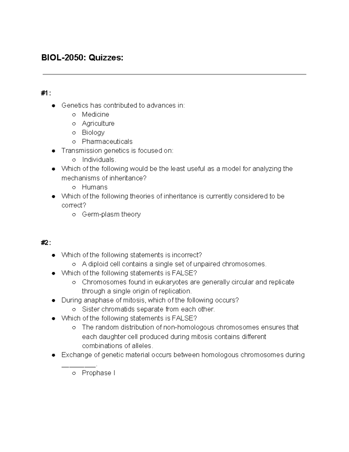 Biol 2050 Quizzes Biol 2050 Quizzes 1 Genetics Has Contributed To Advances In Medicine