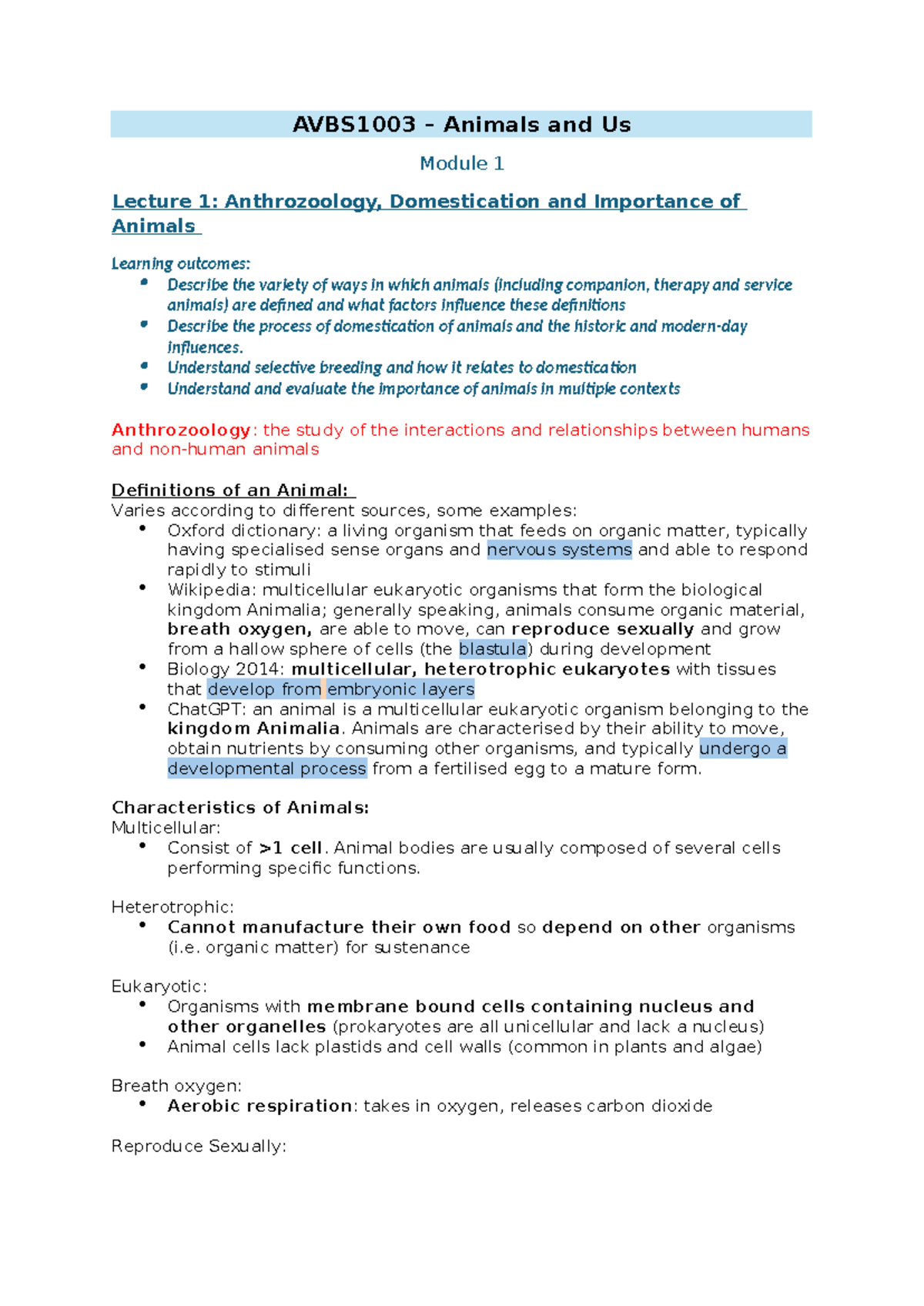 Module 1 Week 1 Notes - AVBS1003 – Animals and Us Module 1 Lecture 1 ...