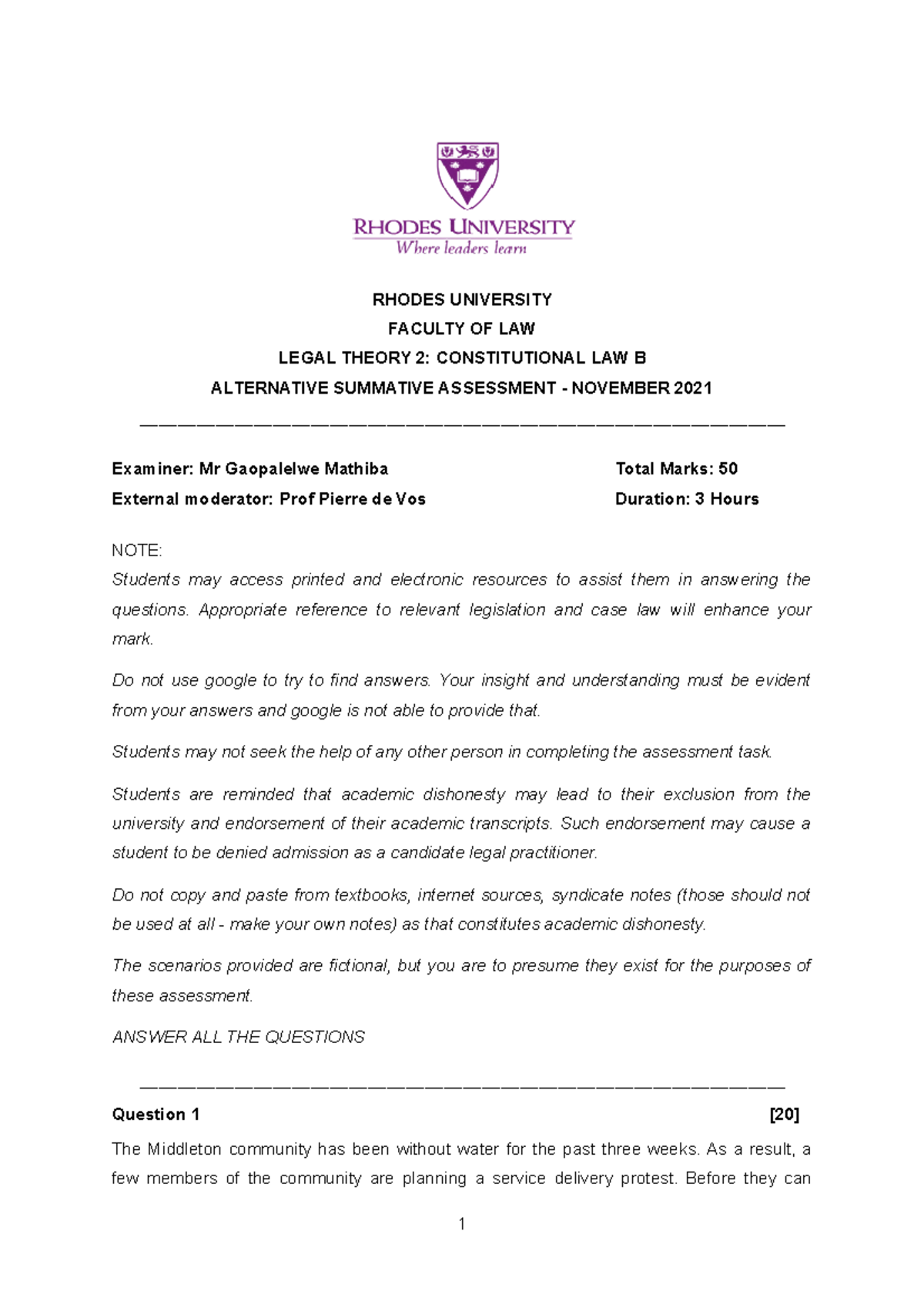 Constitutional Law B Nov 2021 Final - RHODES UNIVERSITY FACULTY OF LAW ...