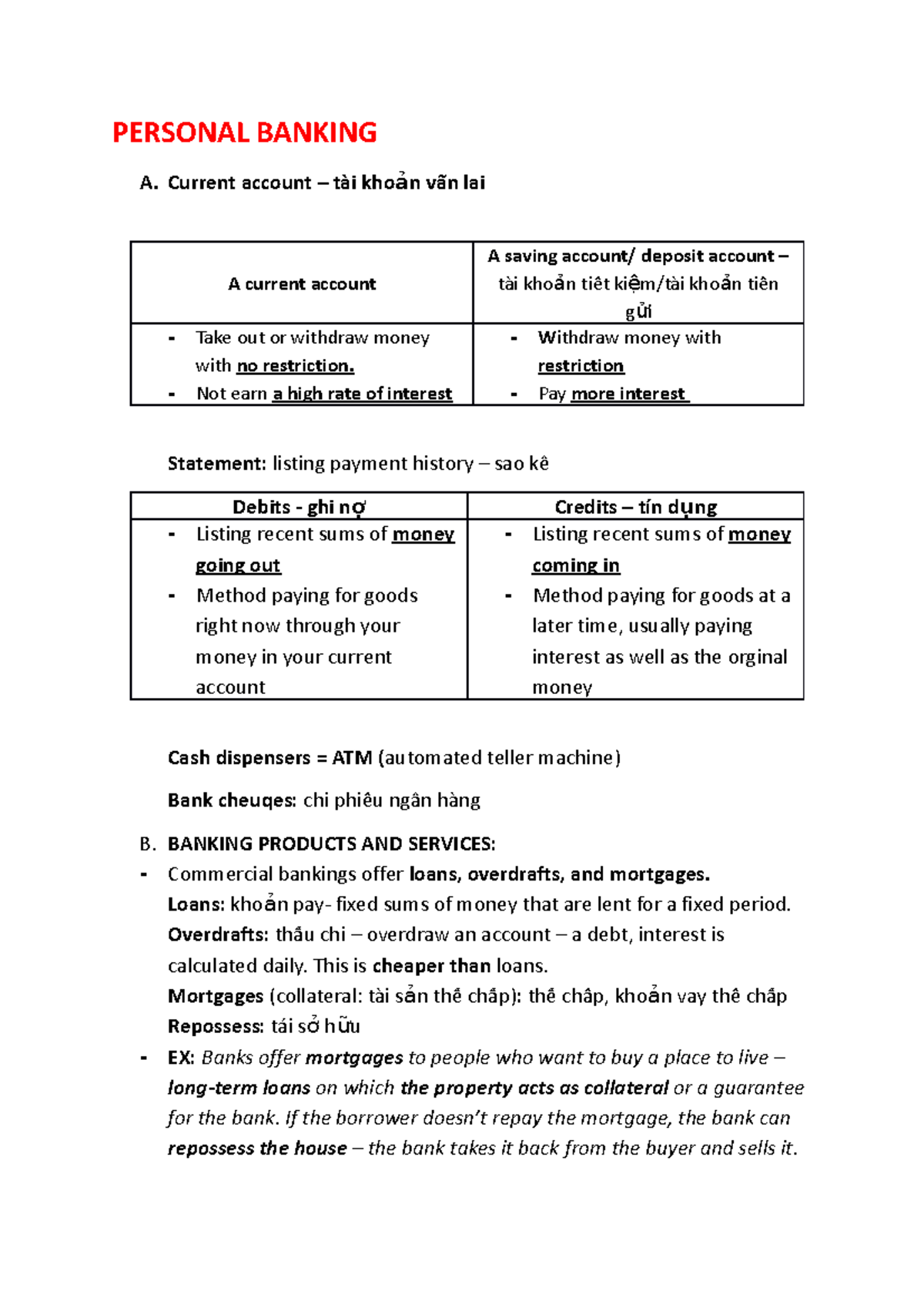 Personal Banking - PERSONAL BANKING A. Current account – tài kho ản vãn ...