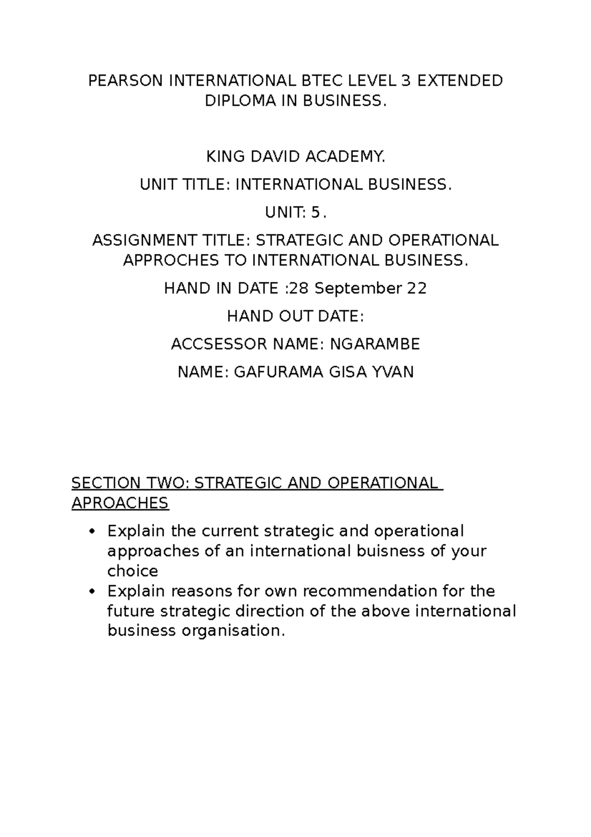 Pearson International BTEC level 3 Extended Diploma in Business ...