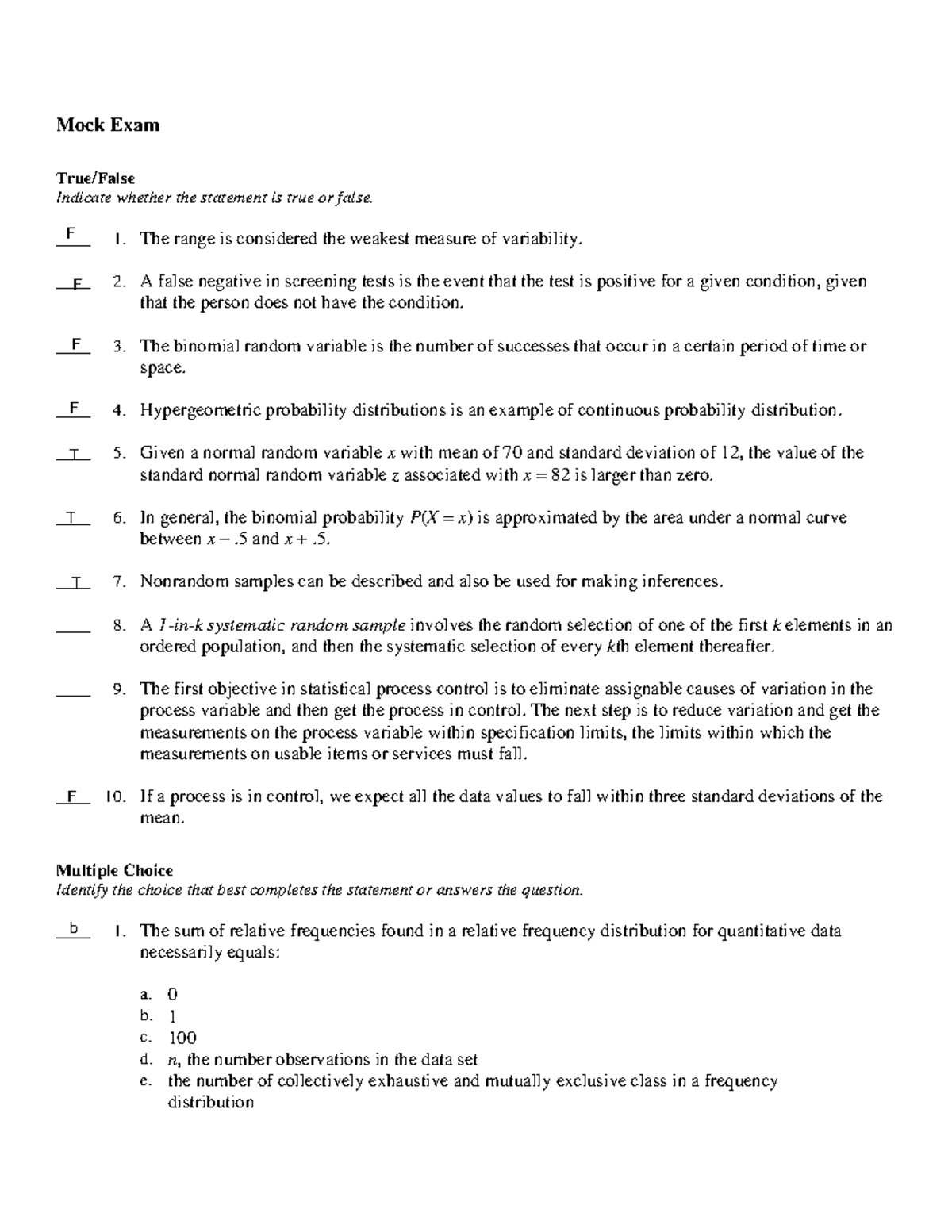 Mock Exam 2023 - Mock test mid term - Mock Exam True/False Indicate ...
