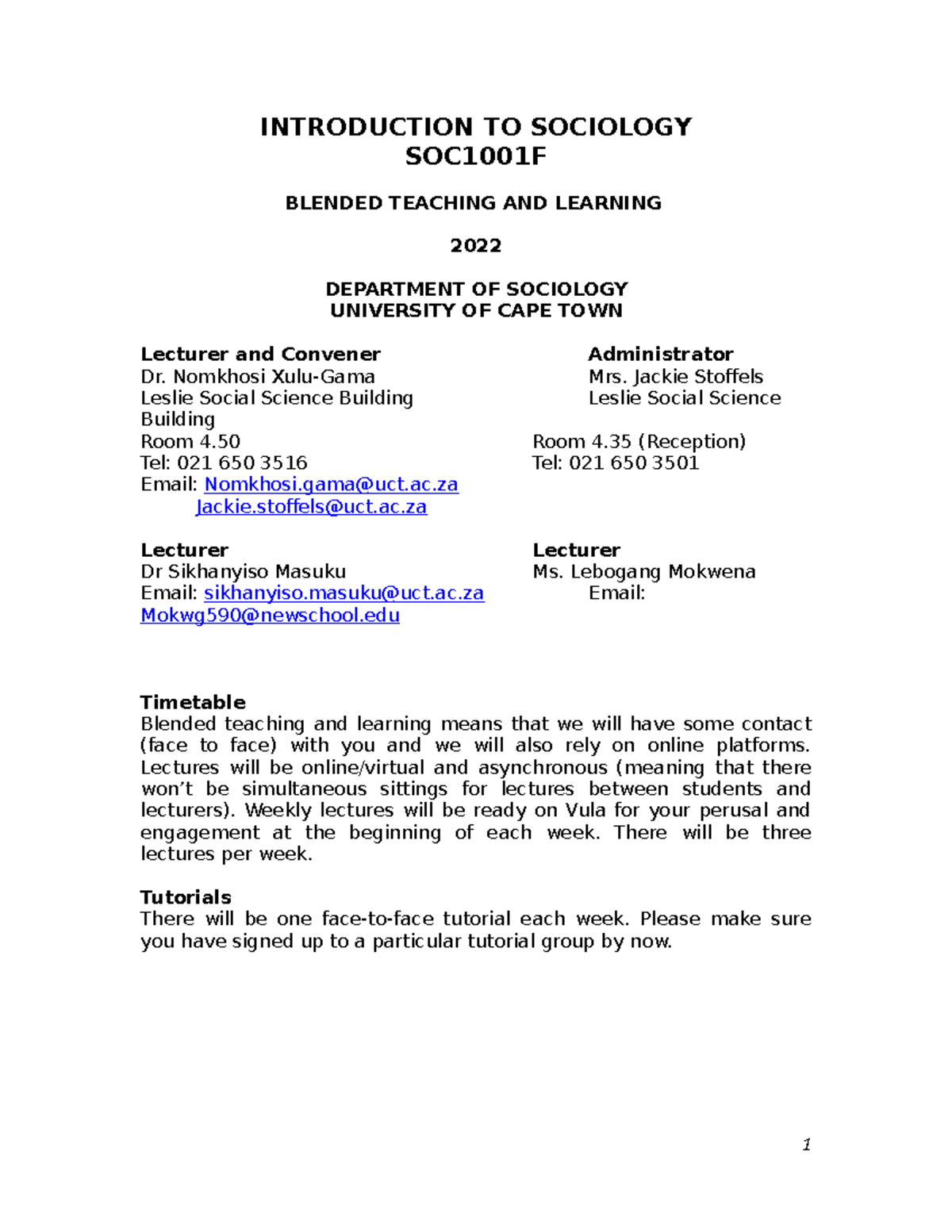 SOC1001F First Section Course Outline 2022 - INTRODUCTION TO SOCIOLOGY ...