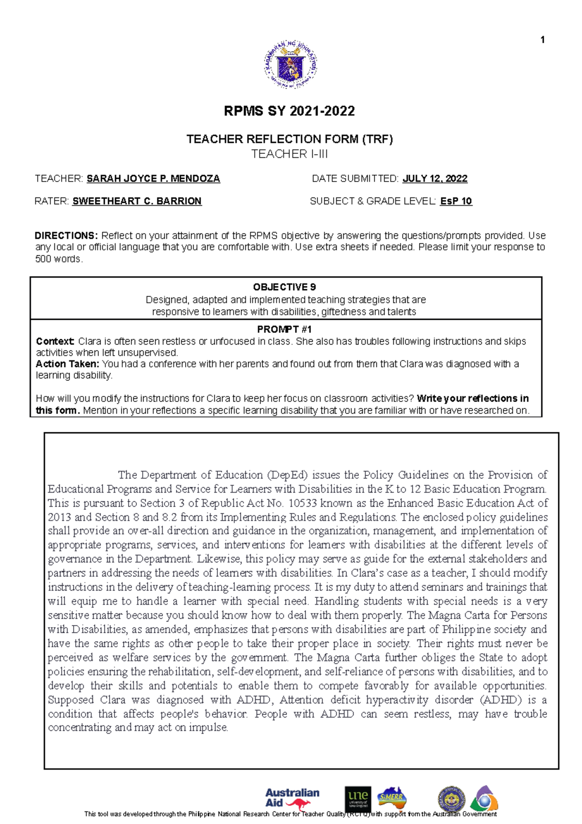 Objective-9-10-1 - mmmmm - RPMS SY 2021- TEACHER REFLECTION FORM (TRF ...