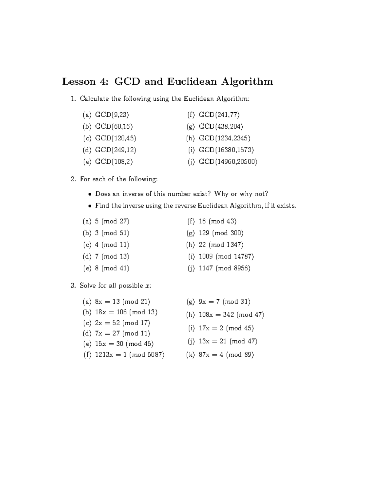 04-Euclidean- assignment FALL TERM 2018 - Lesson 4: GCD and Euclidean Algorithm Calculate the ...