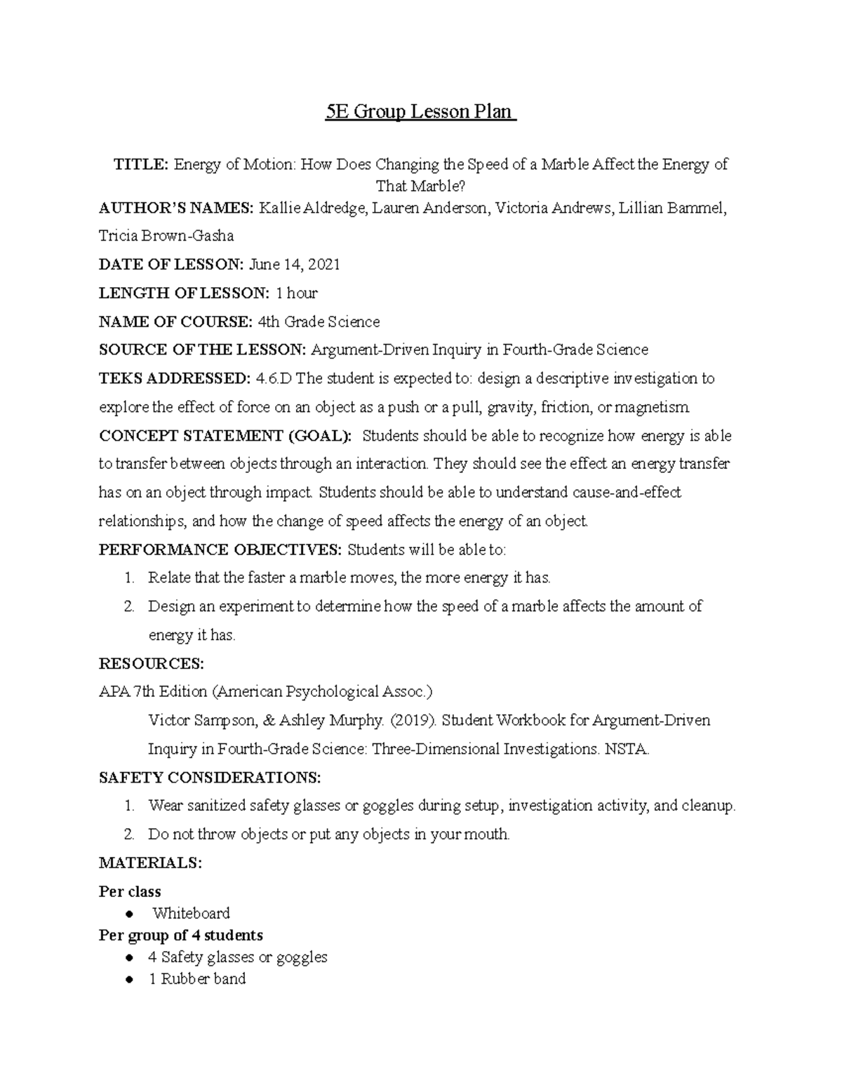 5E Group Lesson Plan - 5E Group Lesson Plan TITLE: Energy of Motion ...