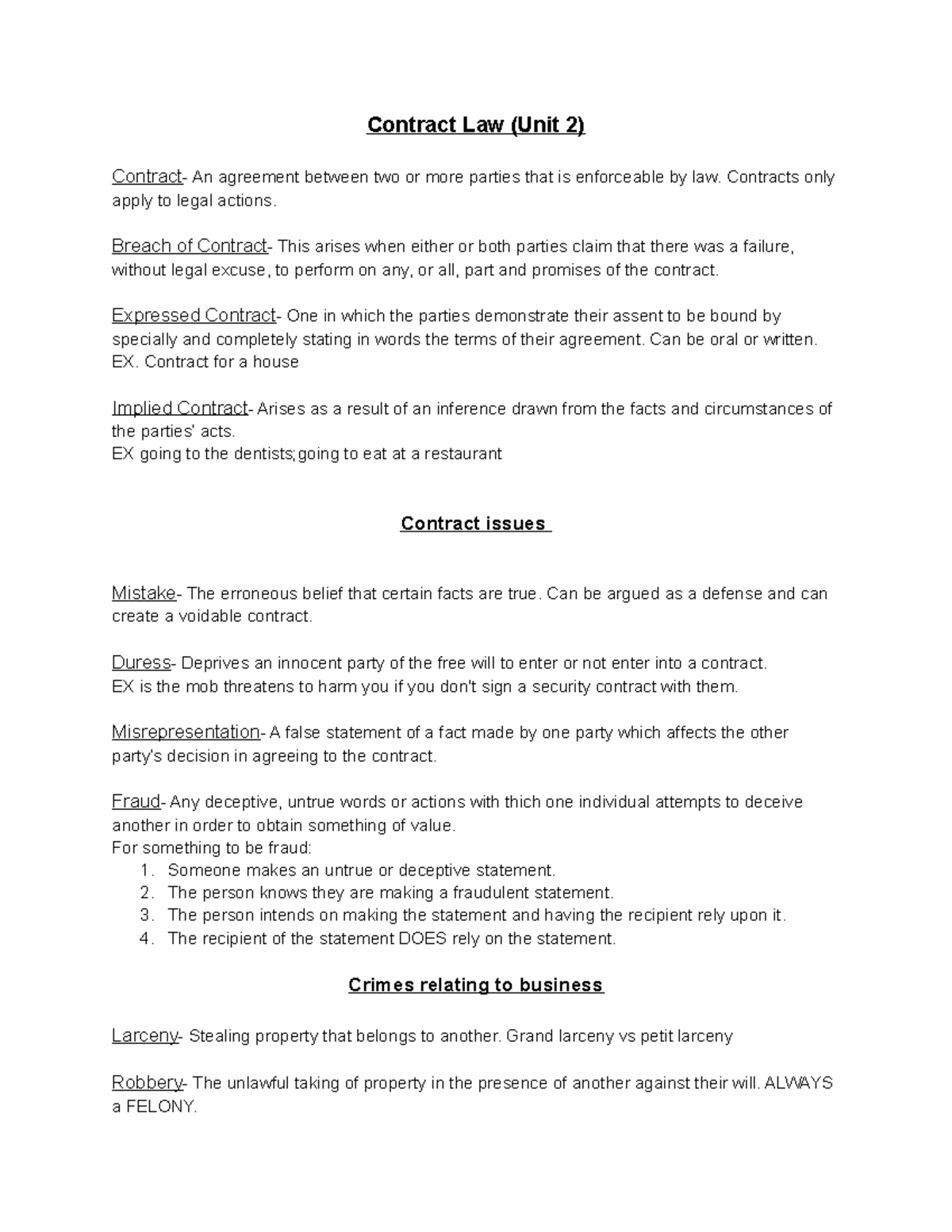 Contract Law (Unit 2) - man idk - Contract Law (Unit 2) Contract- An ...