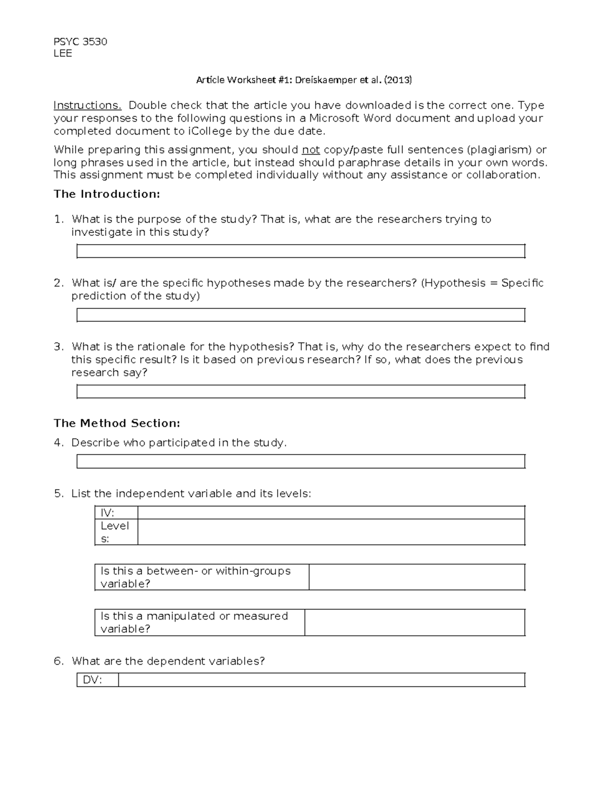 Article Worksheet #1 - N/A - PSYC 3530 LEE Article Worksheet #1 ...