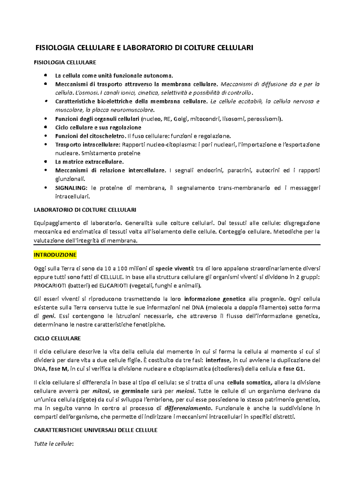 Fisiologia Cellulare E Laboratorio DI Colture Cellulari - FISIOLOGIA ...