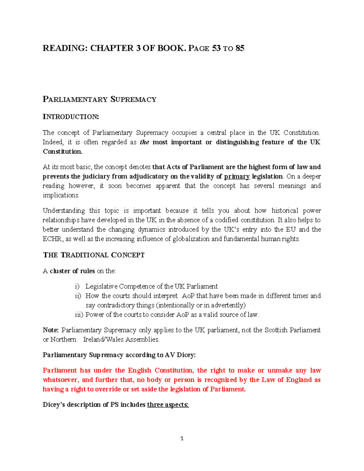 Parliametary Supremacy MY Notes - READING: CHAPTER 3 OF BOOK. PAGE 53 ...