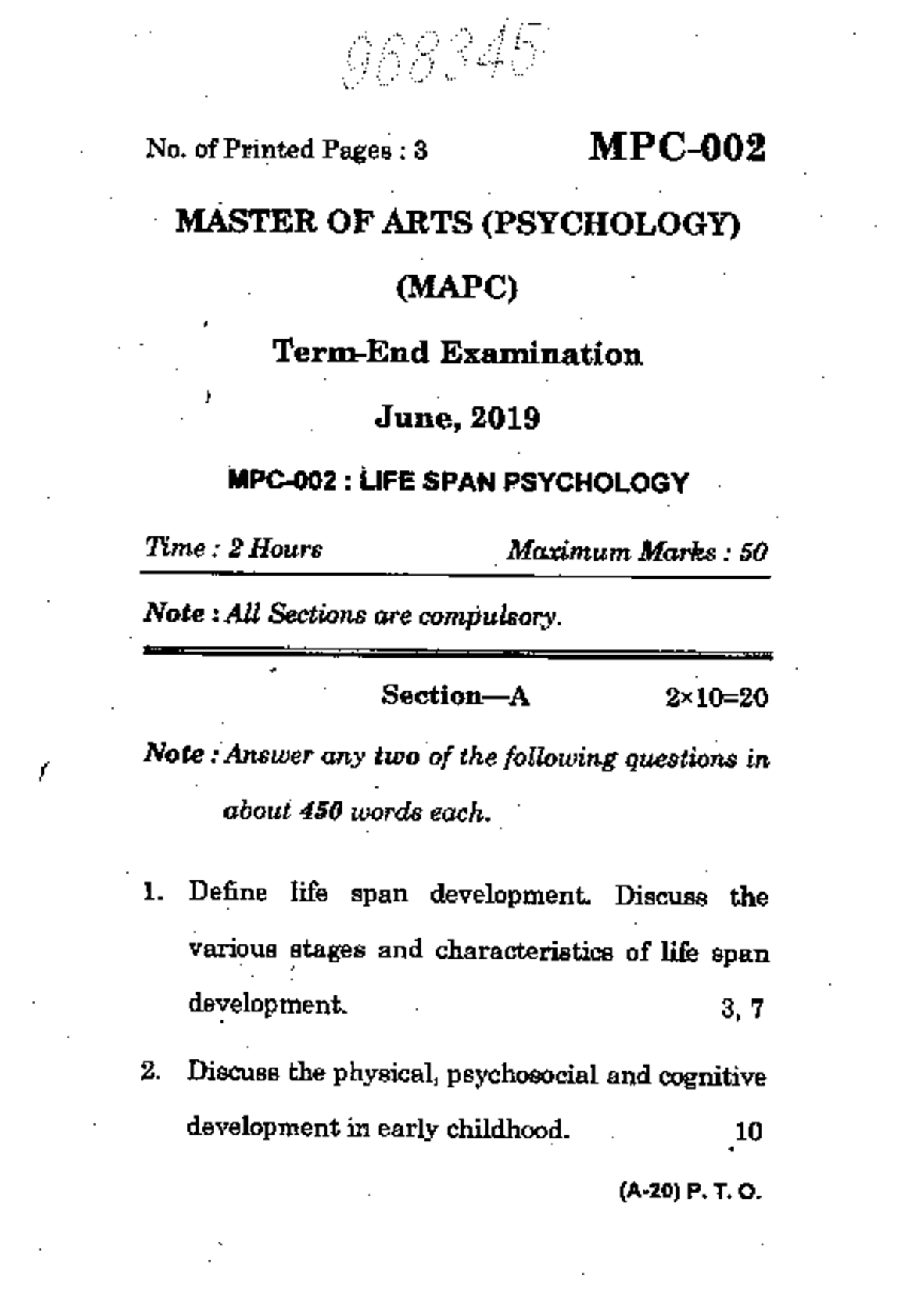 MPC-002 - Mpc - No. of Printed Pages : 3 MPC- MASTER OF ARTS (PSYCHOLOGY) (MAPC) Term-End - Studocu