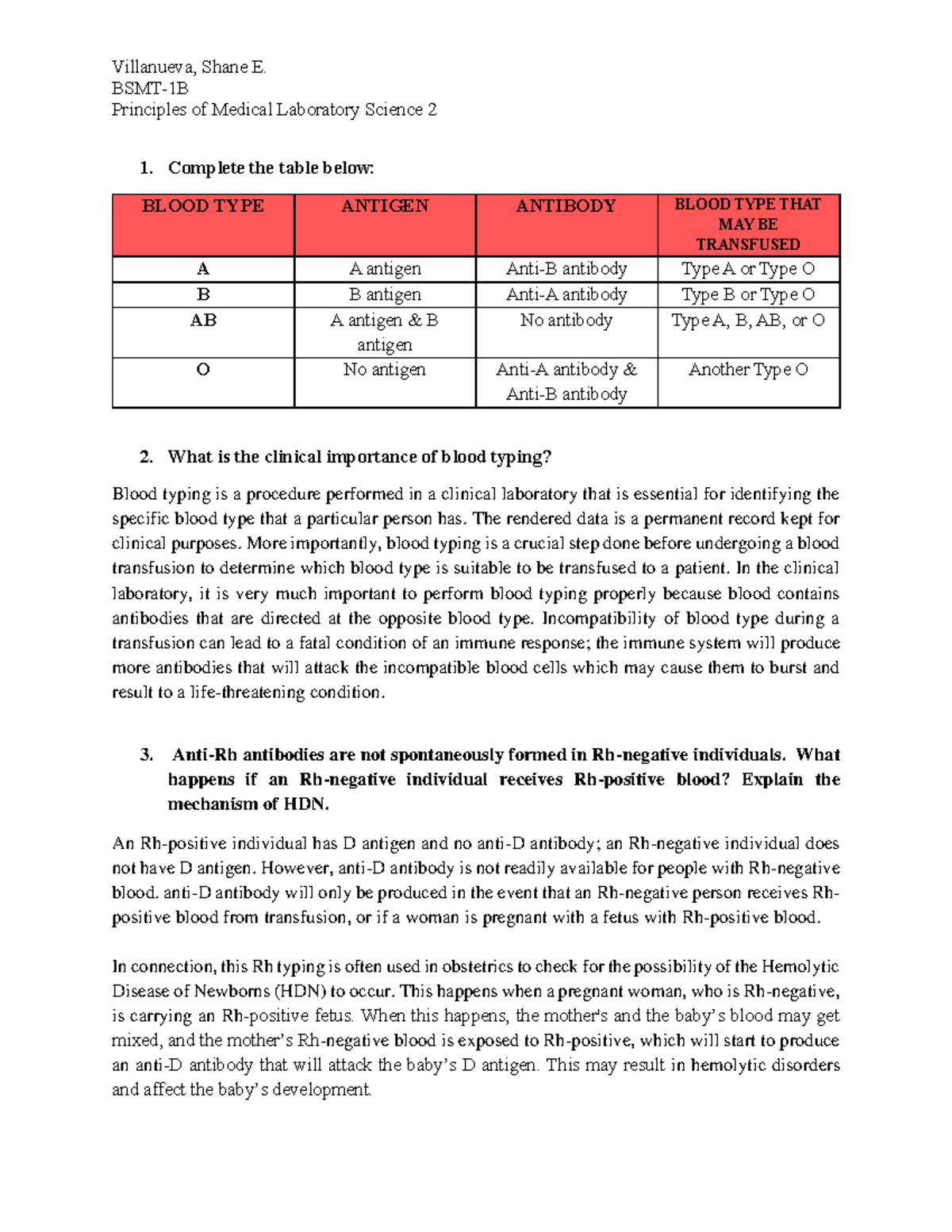 ABO Typing Questions for Research - Villanueva, Shane E. BSMT- 1 B ...