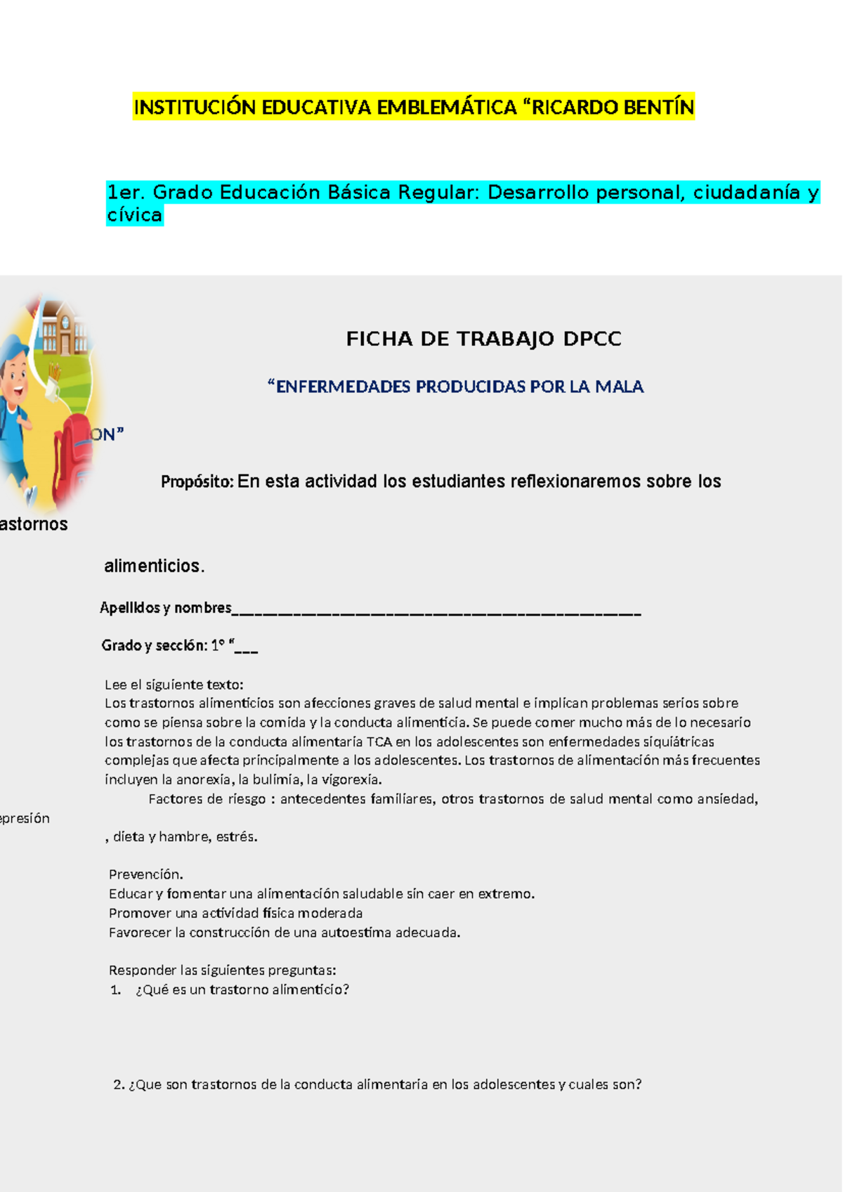 Ficha DE Trabajo DPCC 1RO DE Secundaria - INSTITUCIÓN EDUCATIVA EMBLEMÁTICA “RICARDO BENTÍN 1er ...